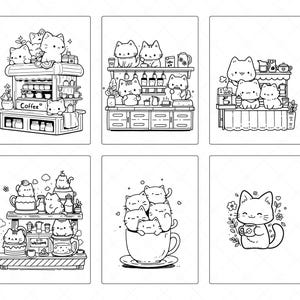 Printable Kawaii Cats in the Coffee Station Coloring Pages | 6 Cute ...