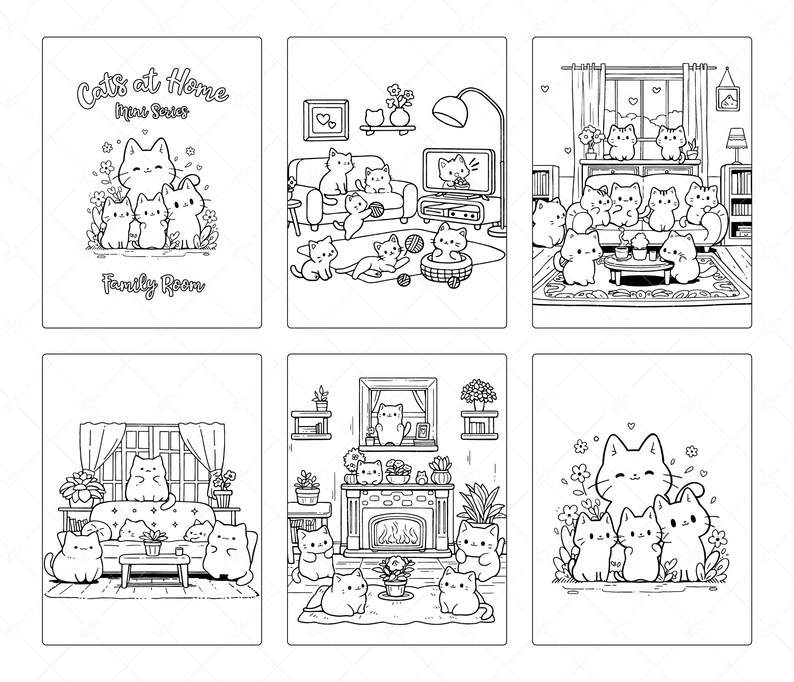 Printable Kawaii Cats in the Family Room Coloring Pages 5 Cute Coloring ...