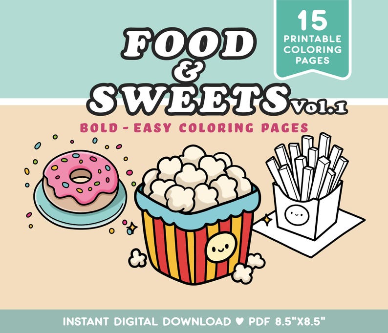 Food & Sweets Coloring Pages: 15 Bold Easy Designs (PDF Digital ...