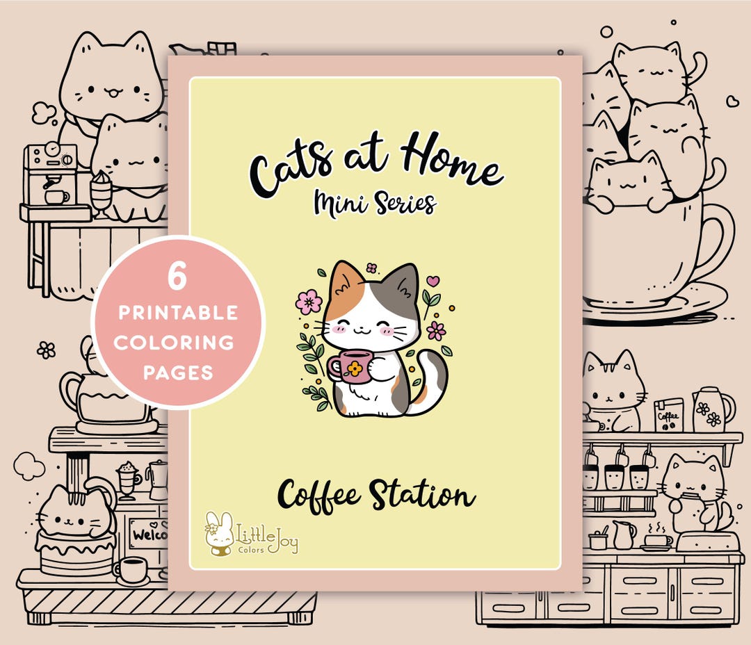 Printable Kawaii Cats in the Coffee Station Coloring Pages | 6 Cute ...