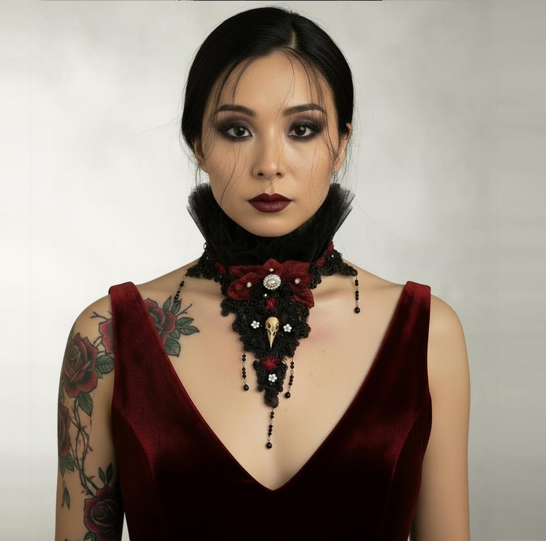 Gothic Lace Choker With Bird Skull | Victorian Collar Necklace, Red ...