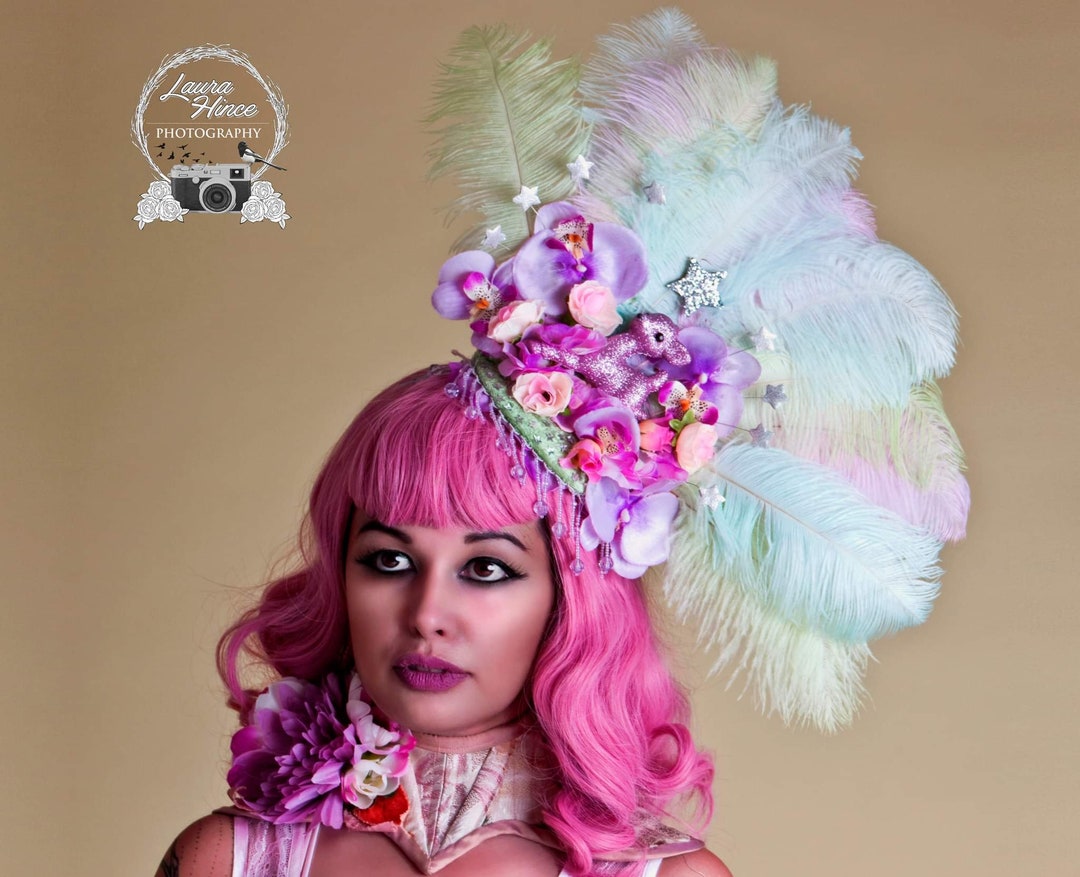 SOLD ! Pink Green Feathered Showgirl Headdress With Flowers Beading and ...