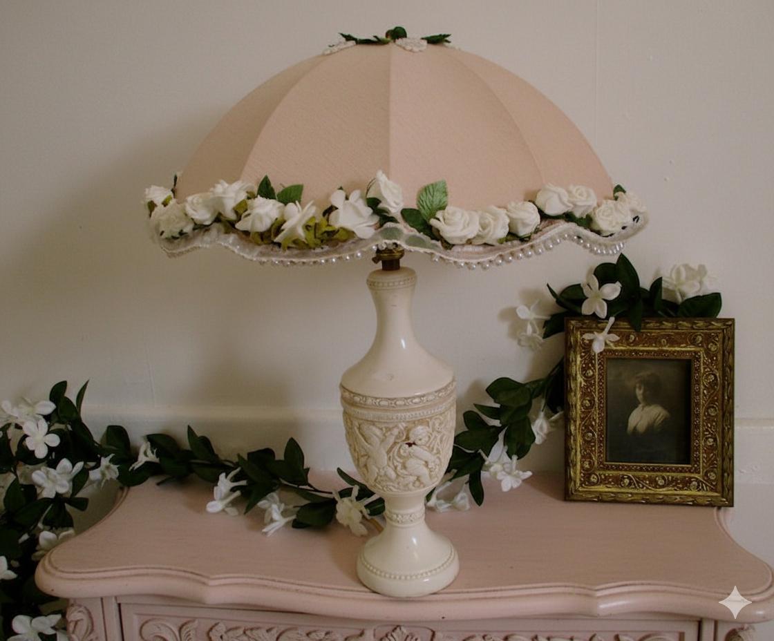 Large Pink Peach Lampshade With White Roses Circular Pink Flowered ...