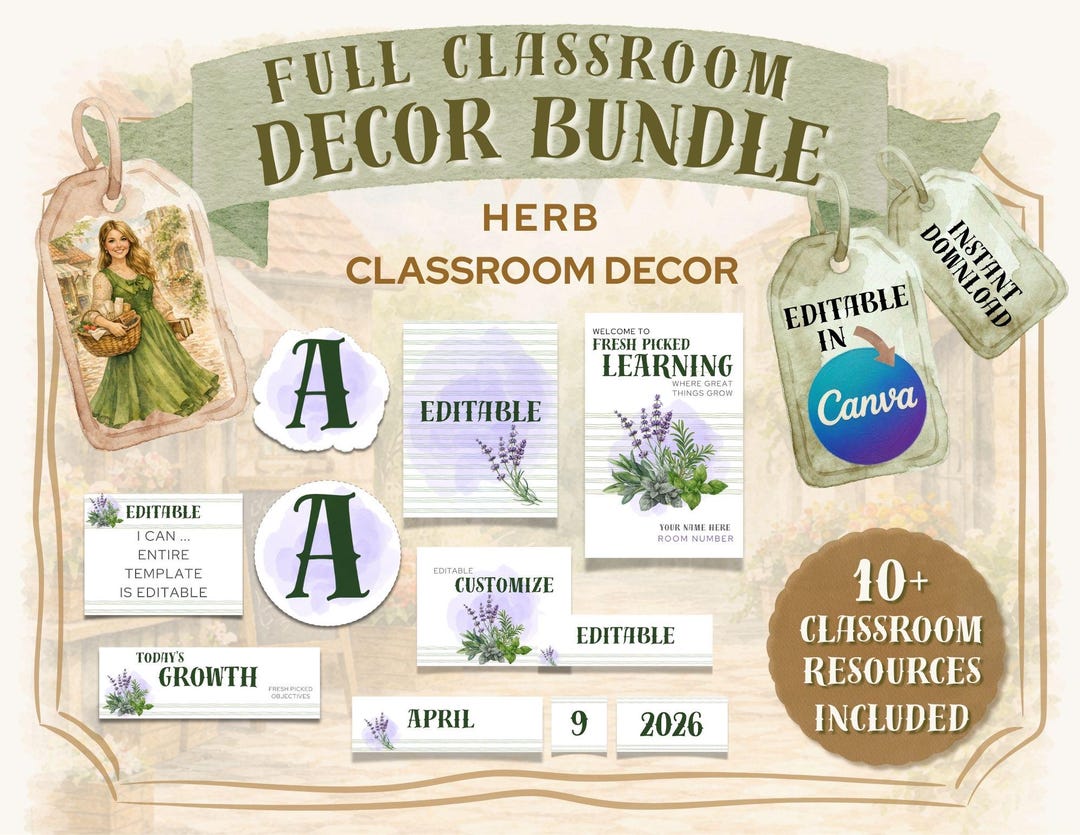 Herb Garden Classroom Decor Bundle | Editable Lavender Theme (digital ...