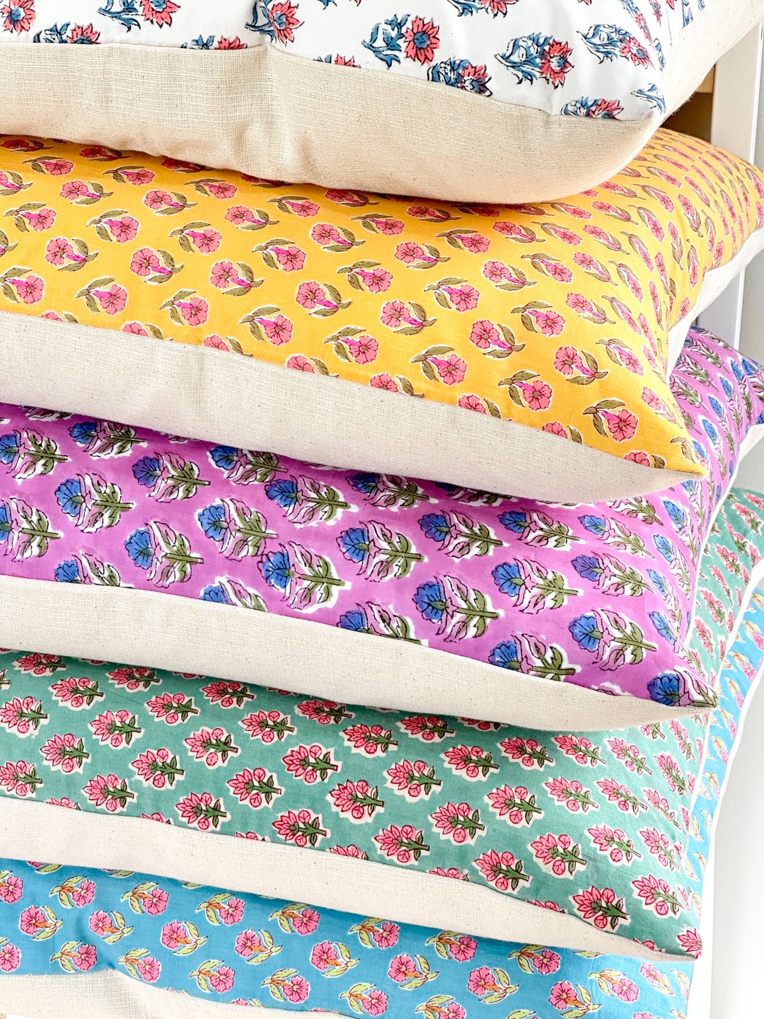 5 Block Print Pillow Set, Beige Sofa Pillow, Decorative Pillow, Home ...