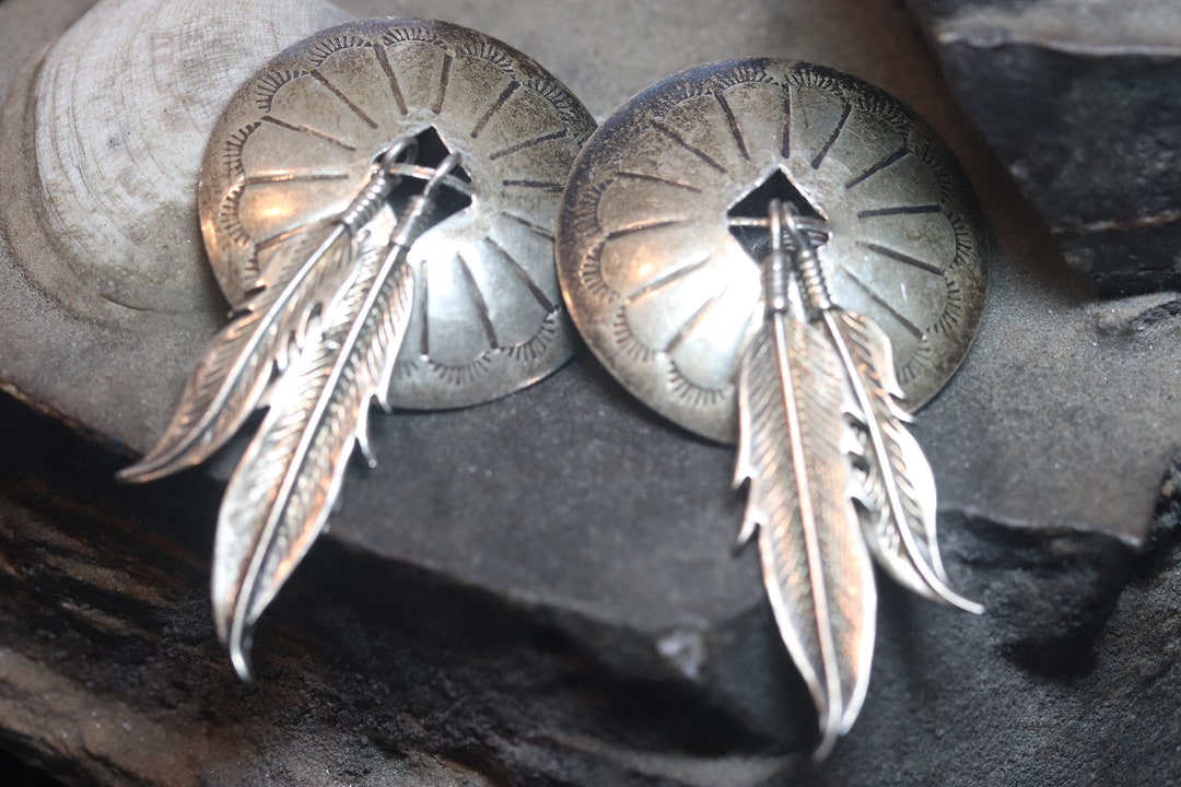 Old Vintage Sterling Silver Native American Signed Dangle Feather ...