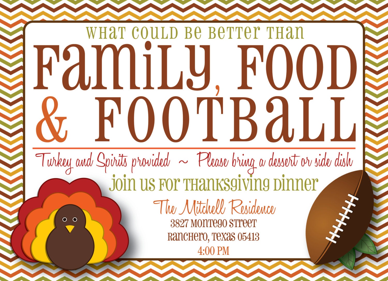 THANKSGIVING INVITATION, Family Food & Football, EDITABLE - Instant ...
