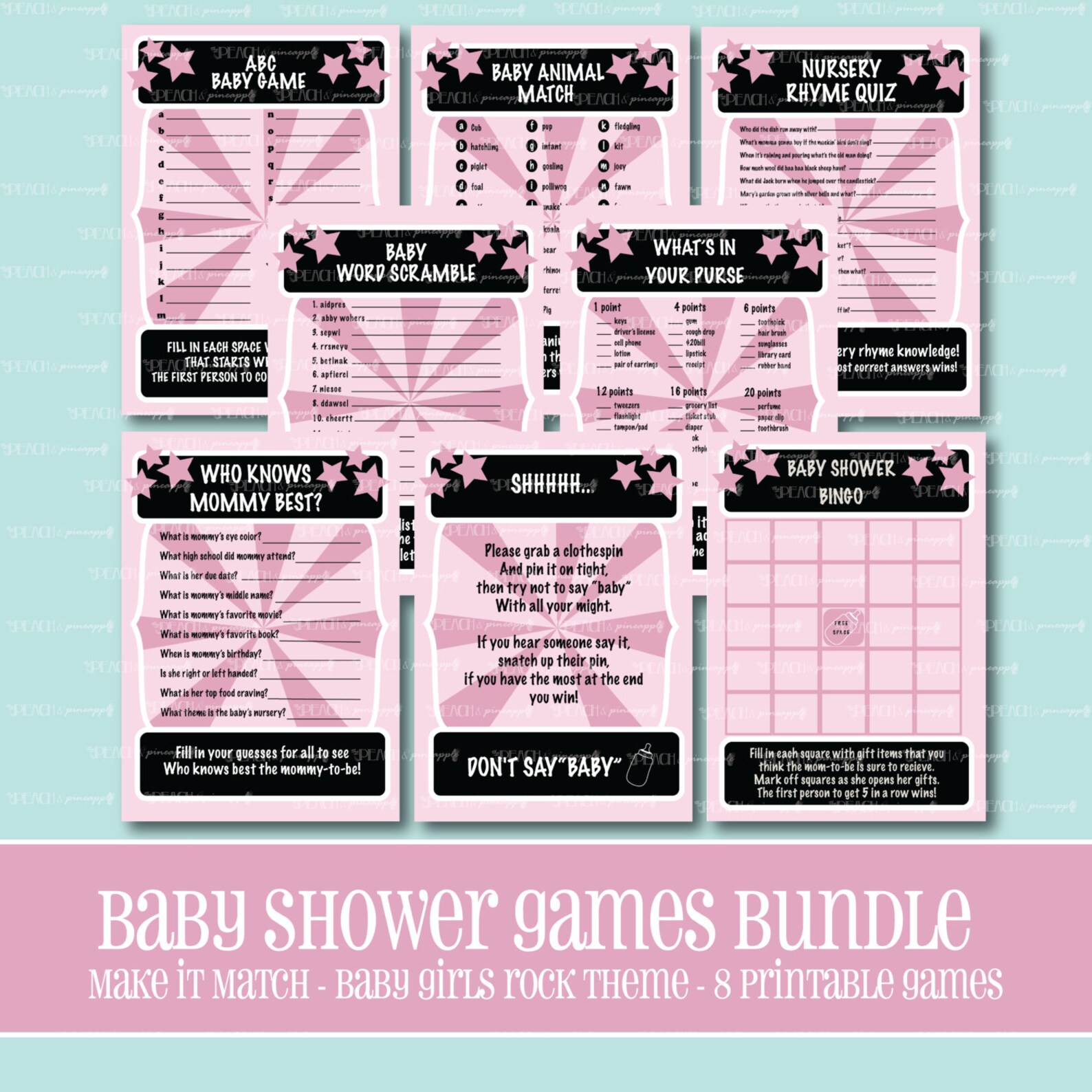 Make It Match,baby Girls Rock,baby SHOWER GAMES Bundle,baby Shower ...