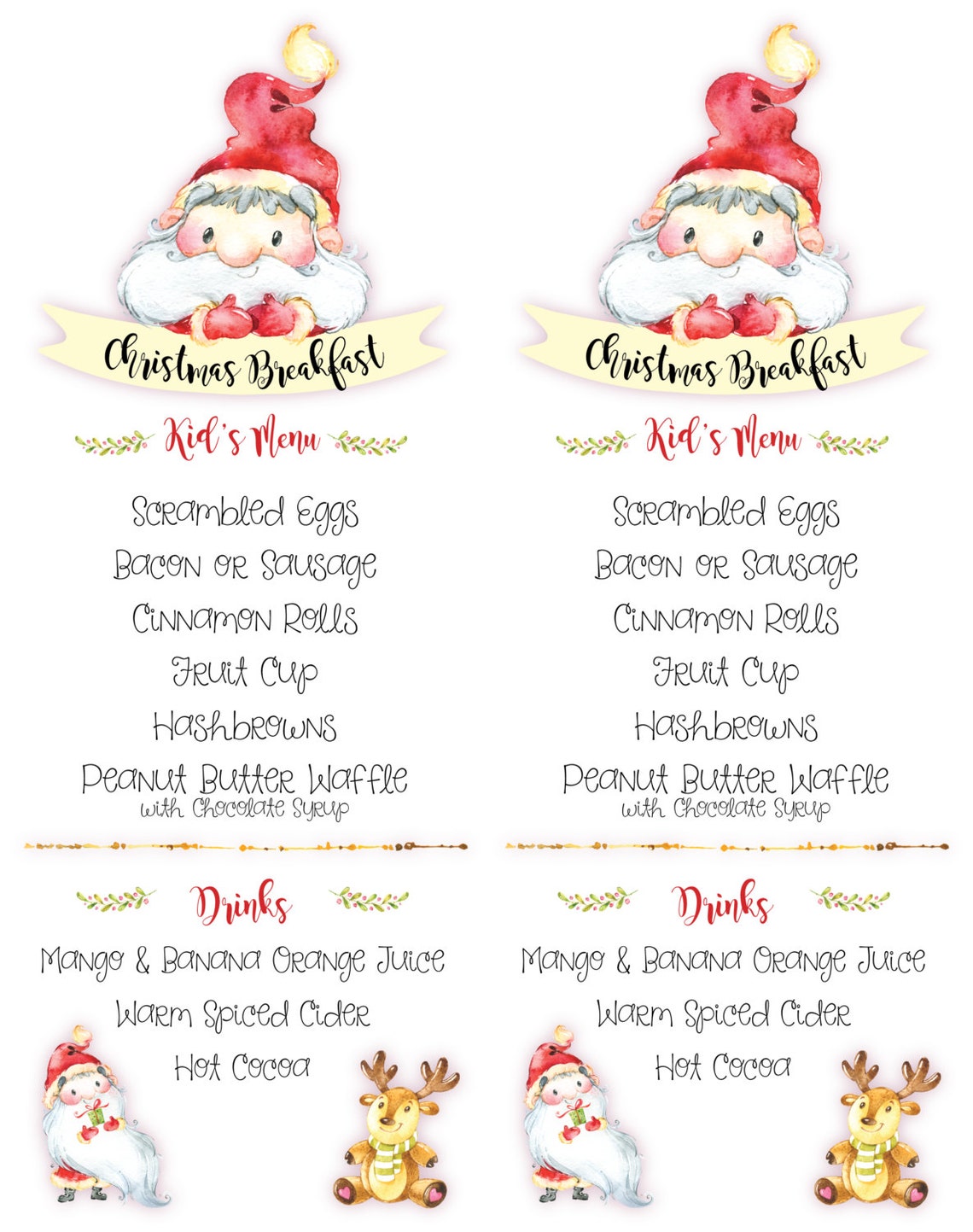 EDITABLE CHRISTMAS MENU, Printable, Santa, Kid's Menu, Editable ...