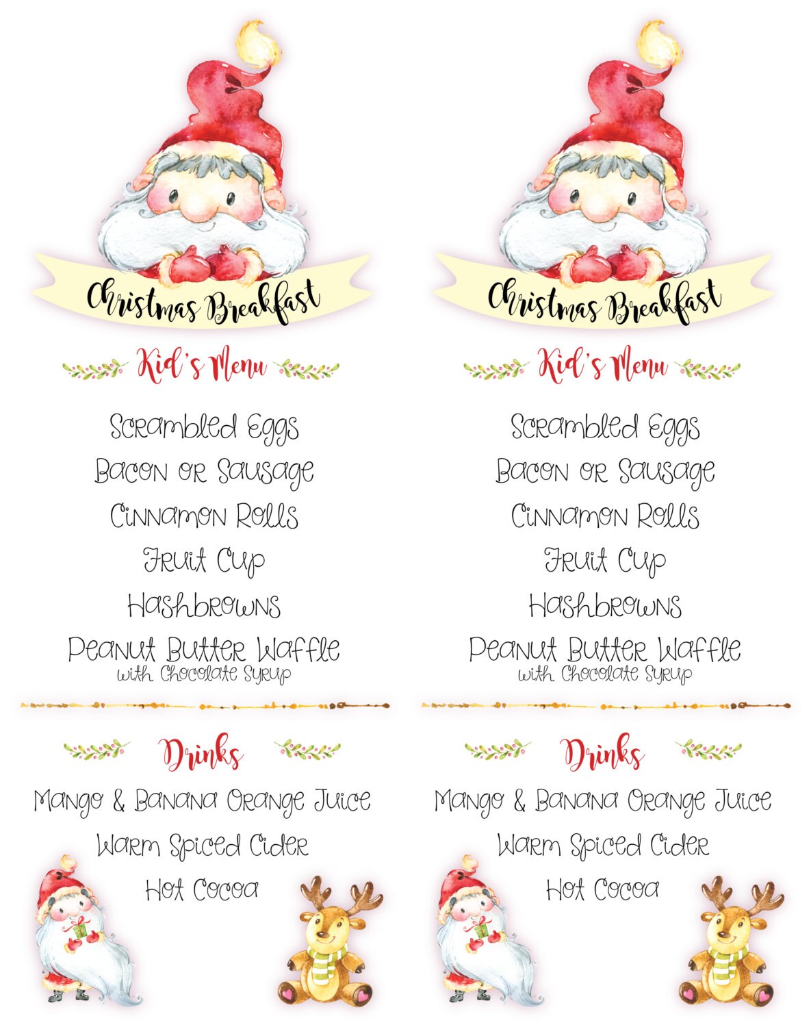 EDITABLE CHRISTMAS MENU, Printable, Santa, Kid's Menu, Editable ...
