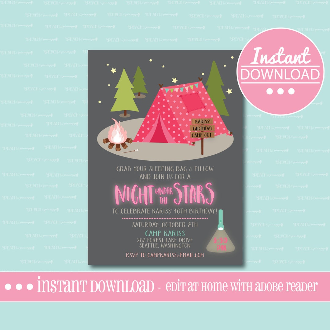Camp Out Birthday Party Invitation - EDITABLE - INSTANT DOWNLOAD ...