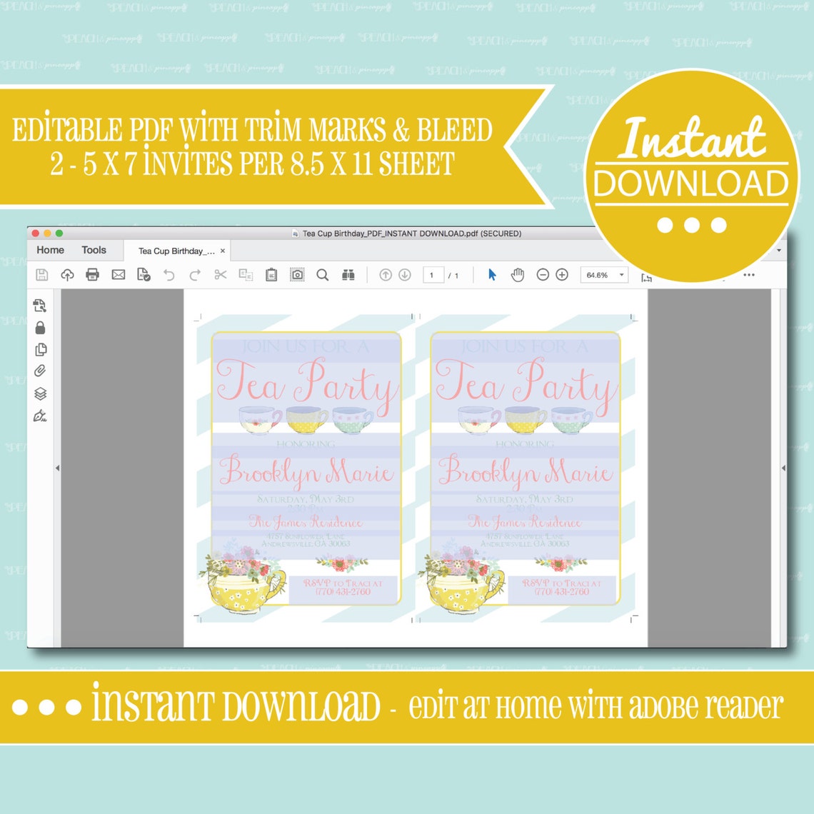 Tea Cup Birthday Party Invitation - EDITABLE - INSTANT DOWNLOAD ...