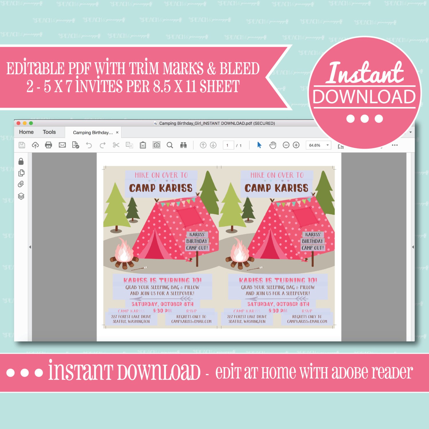 Camping Birthday Party Invitation - EDITABLE - INSTANT DOWNLOAD ...