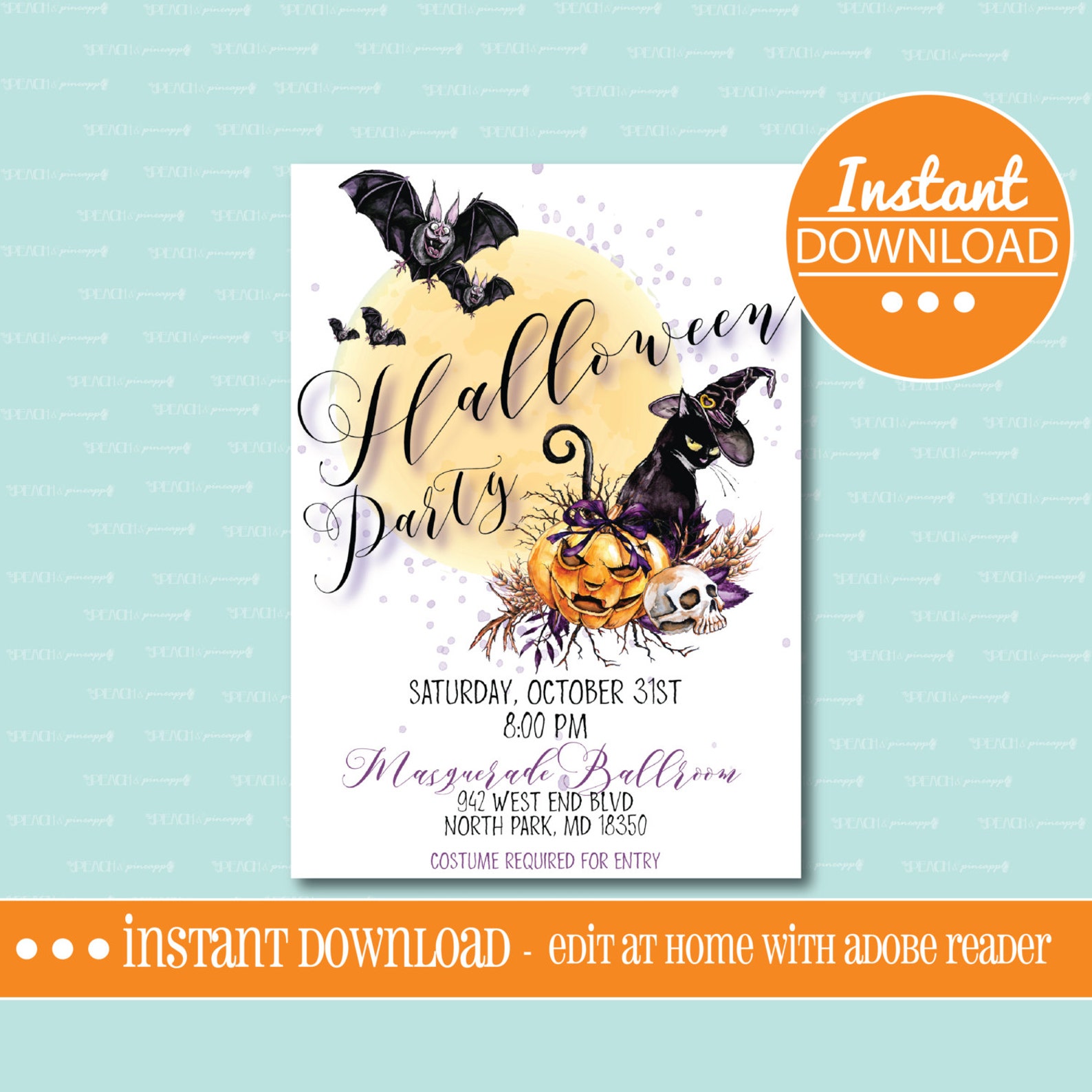 Halloween Party Invitation - Cat- Bat - EDITABLE - INSTANT DOWNLOAD ...