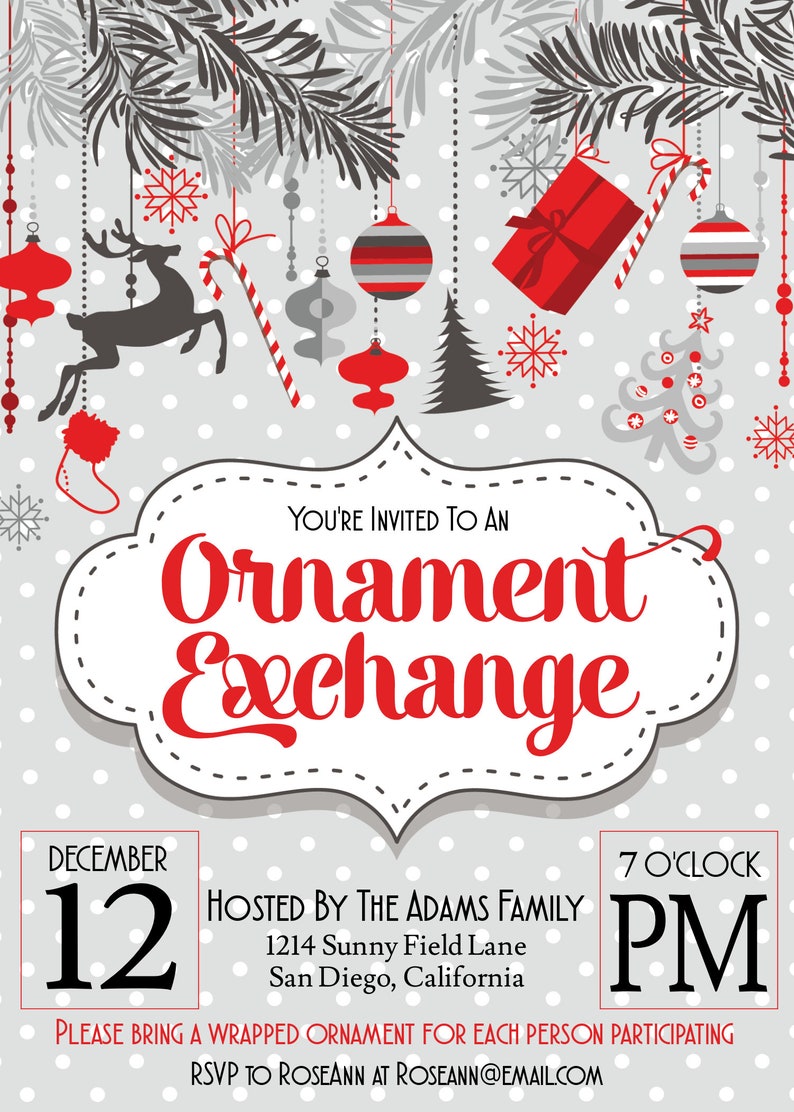 Editable CHRISTMAS PARTY INVITATION, Ornament Exchange, Templett ...