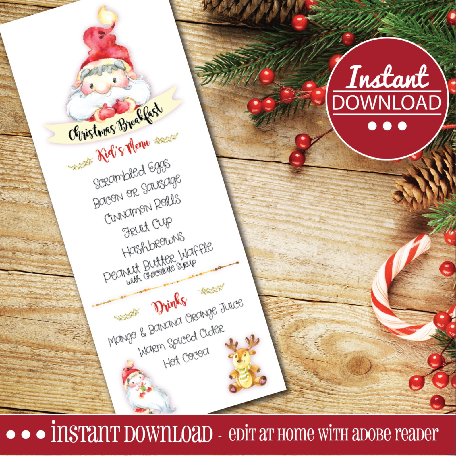 EDITABLE CHRISTMAS MENU, Printable, Santa, Kid's Menu, Editable ...