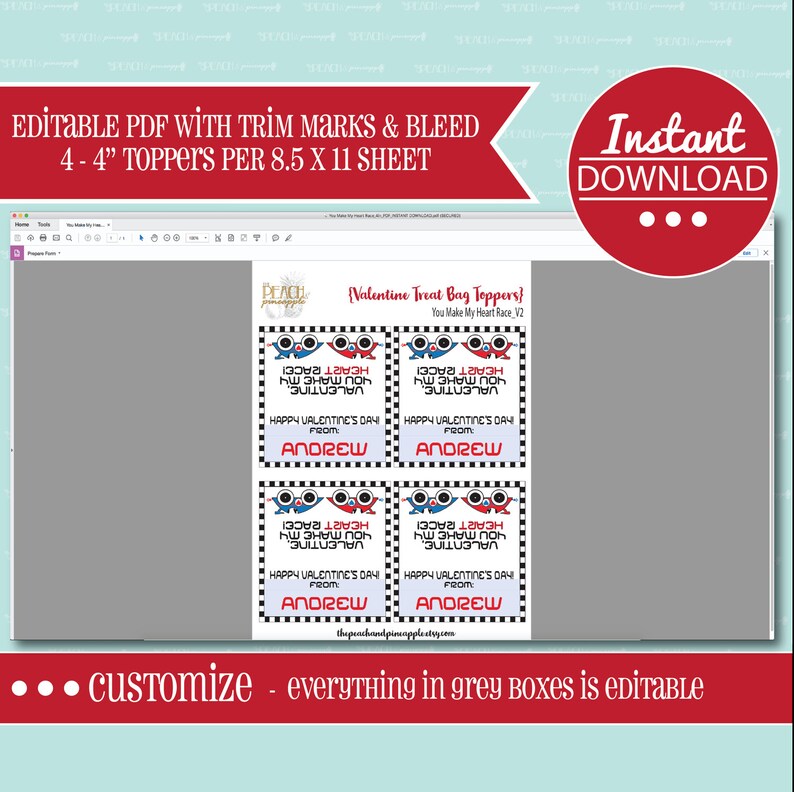 Editable VALENTINE TREAT TOPPERS, Customizable, Printable, Valentine ...