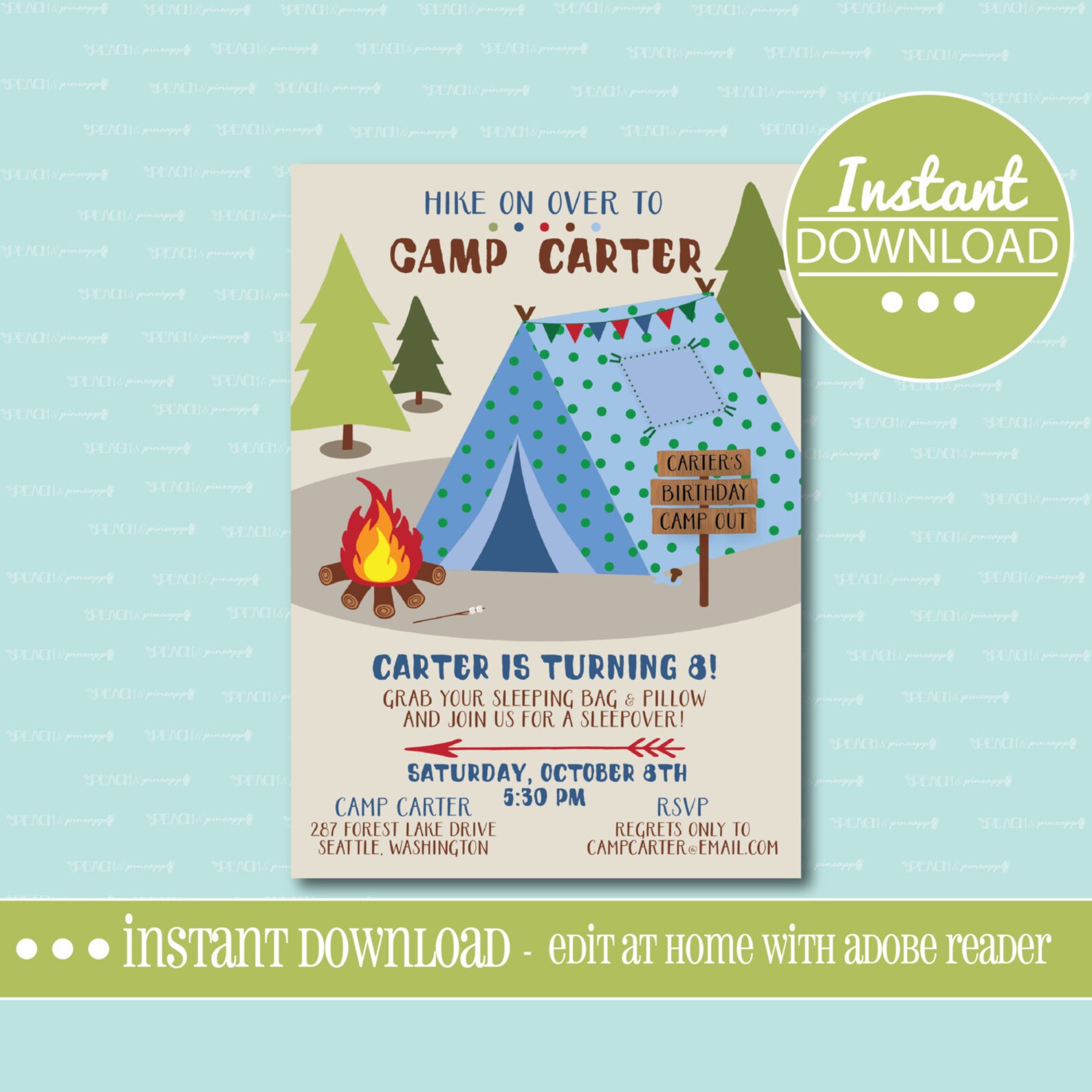 Camping Birthday Party Invitation - EDITABLE - INSTANT DOWNLOAD ...