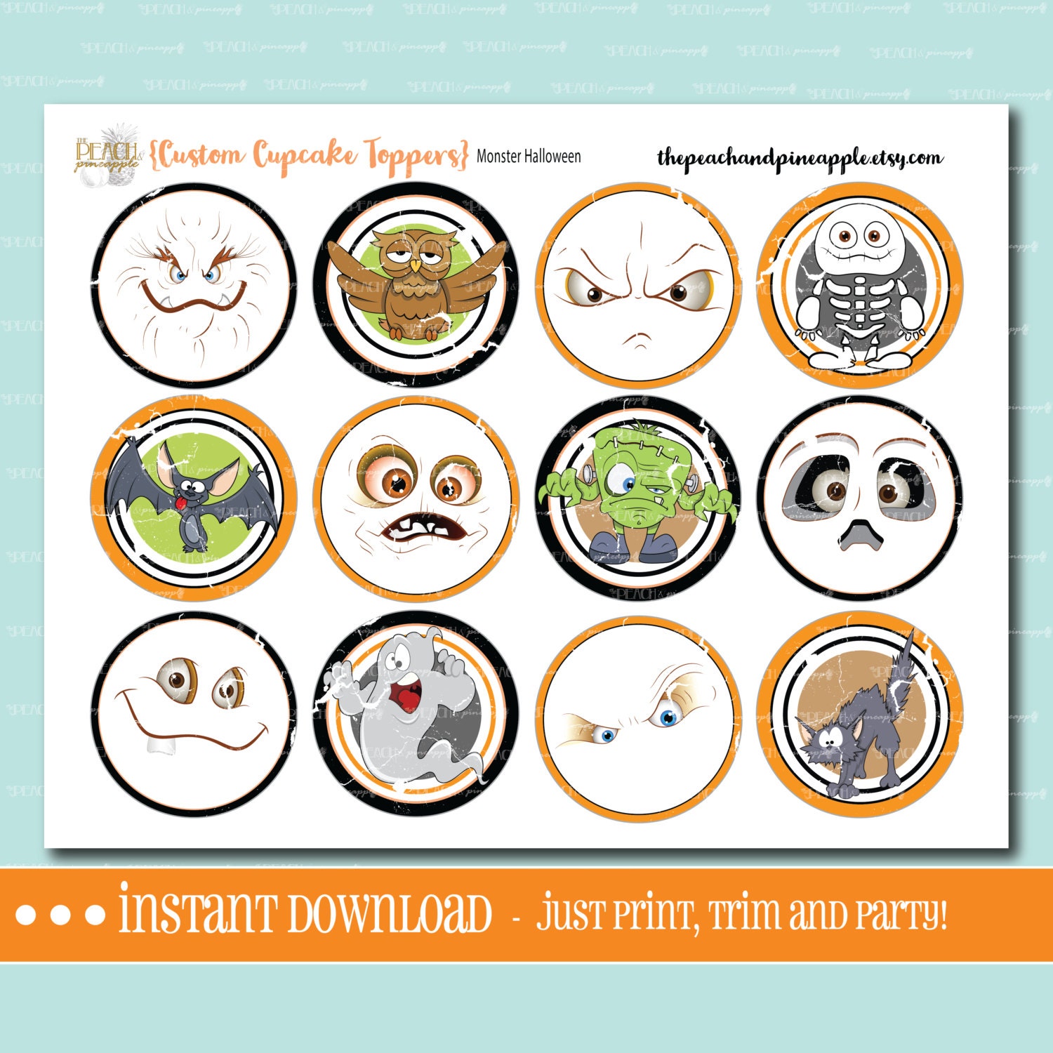 HALLOWEEN CUPCAKE TOPPERS, Printable, Halloween, Monster, Instant ...