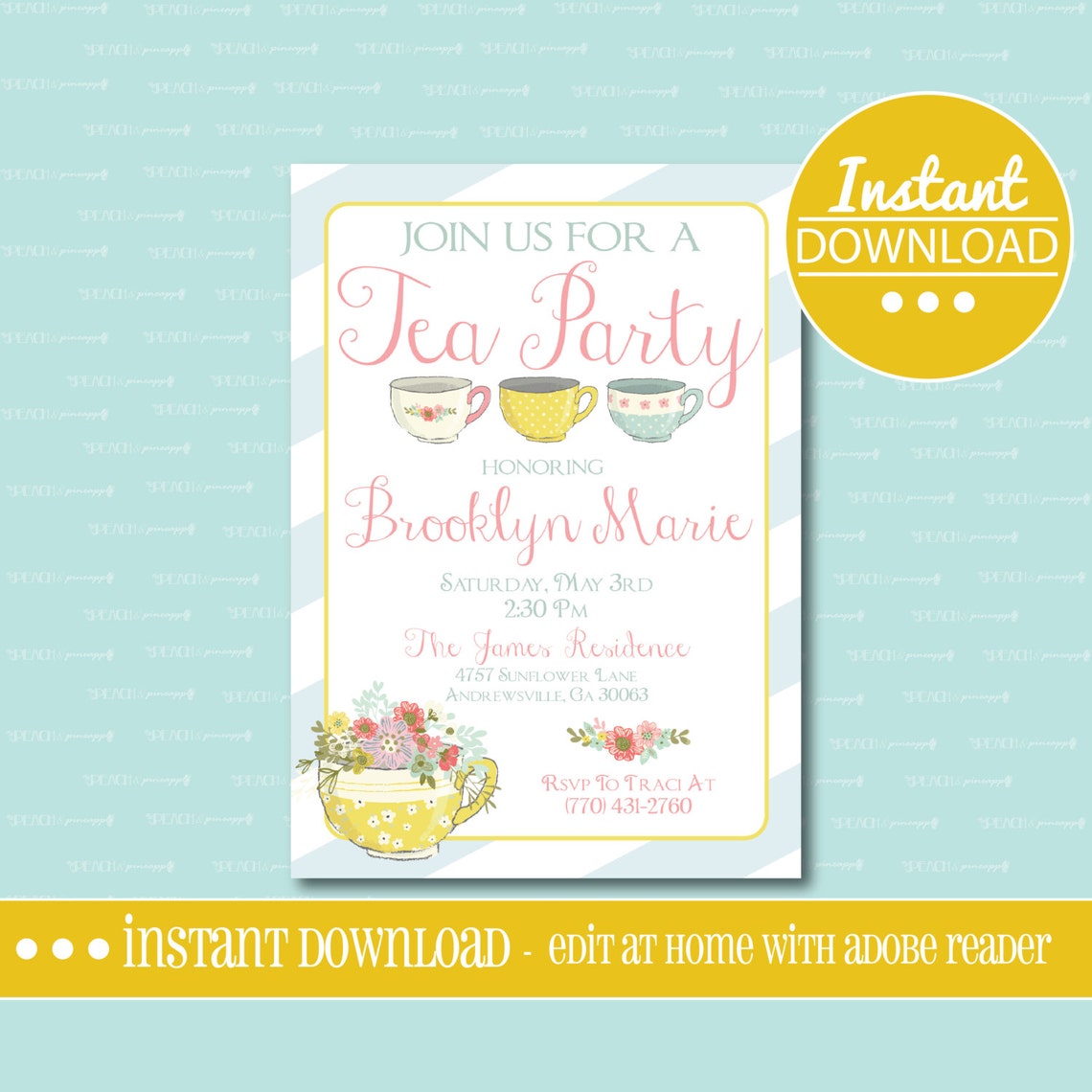Tea Cup Birthday Party Invitation - EDITABLE - INSTANT DOWNLOAD ...