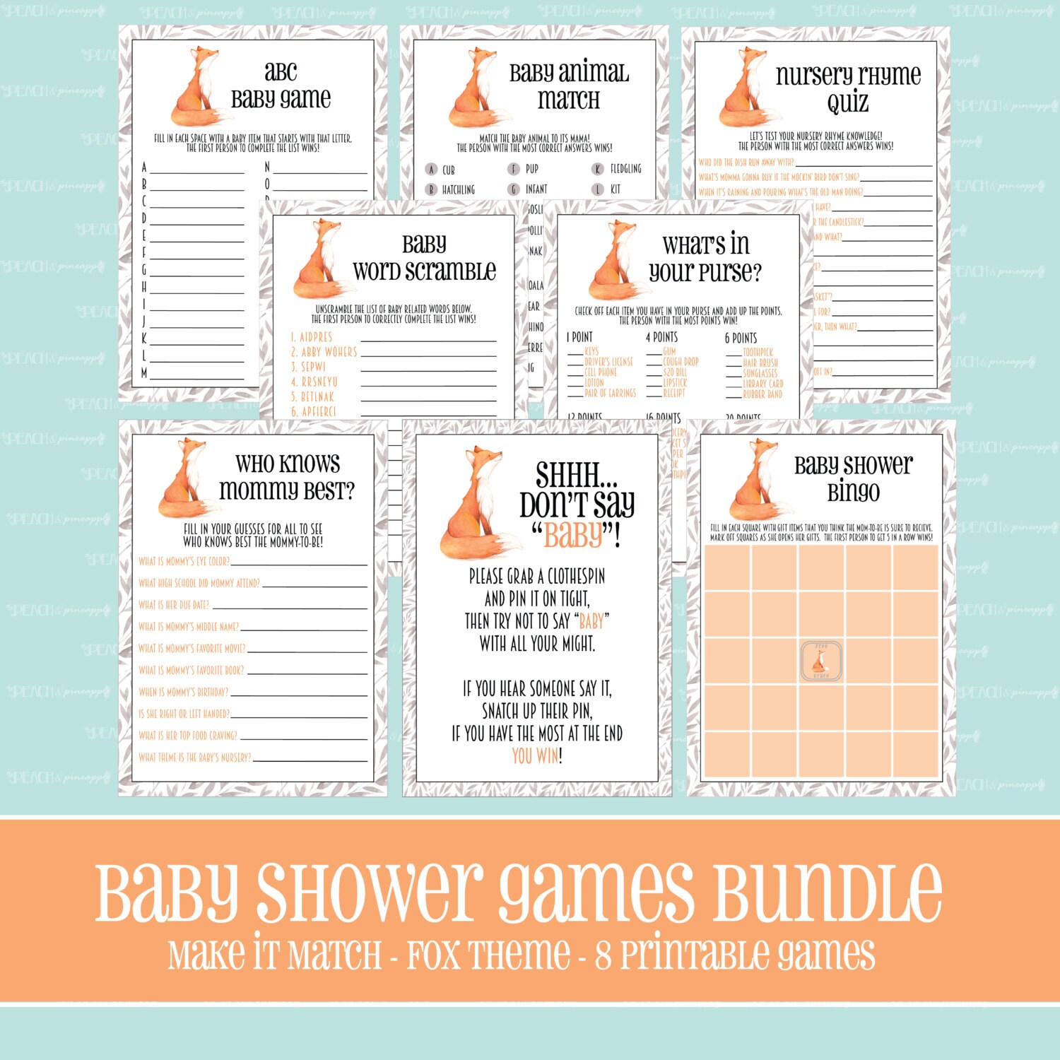 Make It Match Fox BABY SHOWER GAMES Bundle, Baby Shower Games, Fox ...