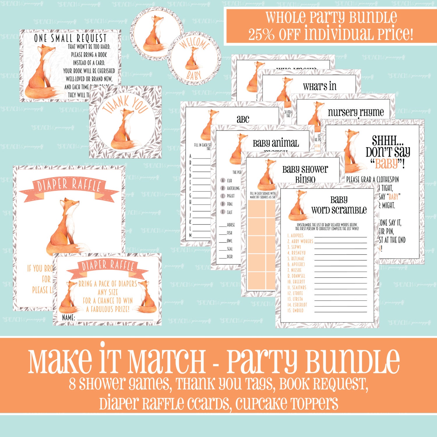 Make It Match Fox BABY SHOWER Party BUNDLE, Fox, Baby Shower Games ...