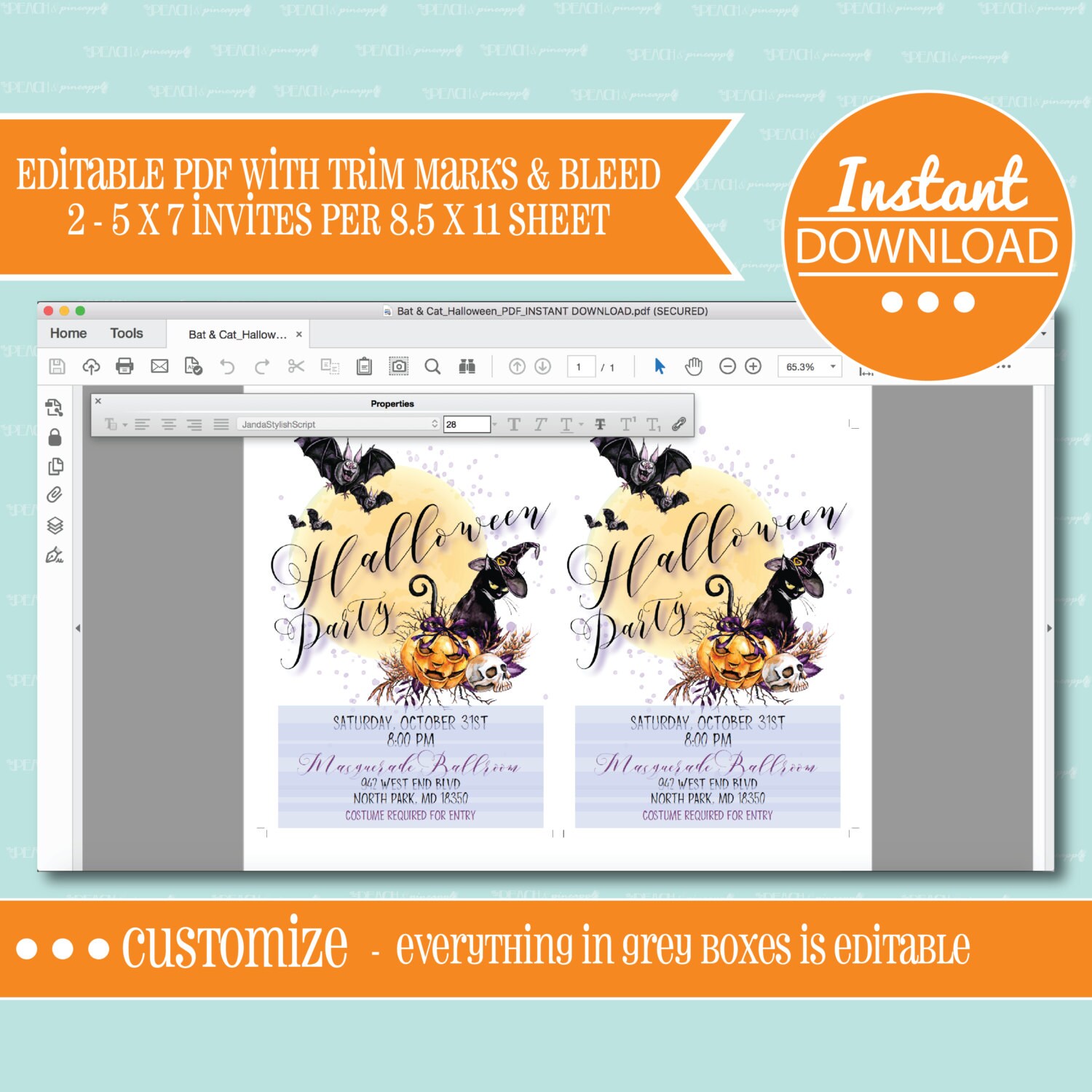 Halloween Party Invitation - Cat- Bat - EDITABLE - INSTANT DOWNLOAD ...