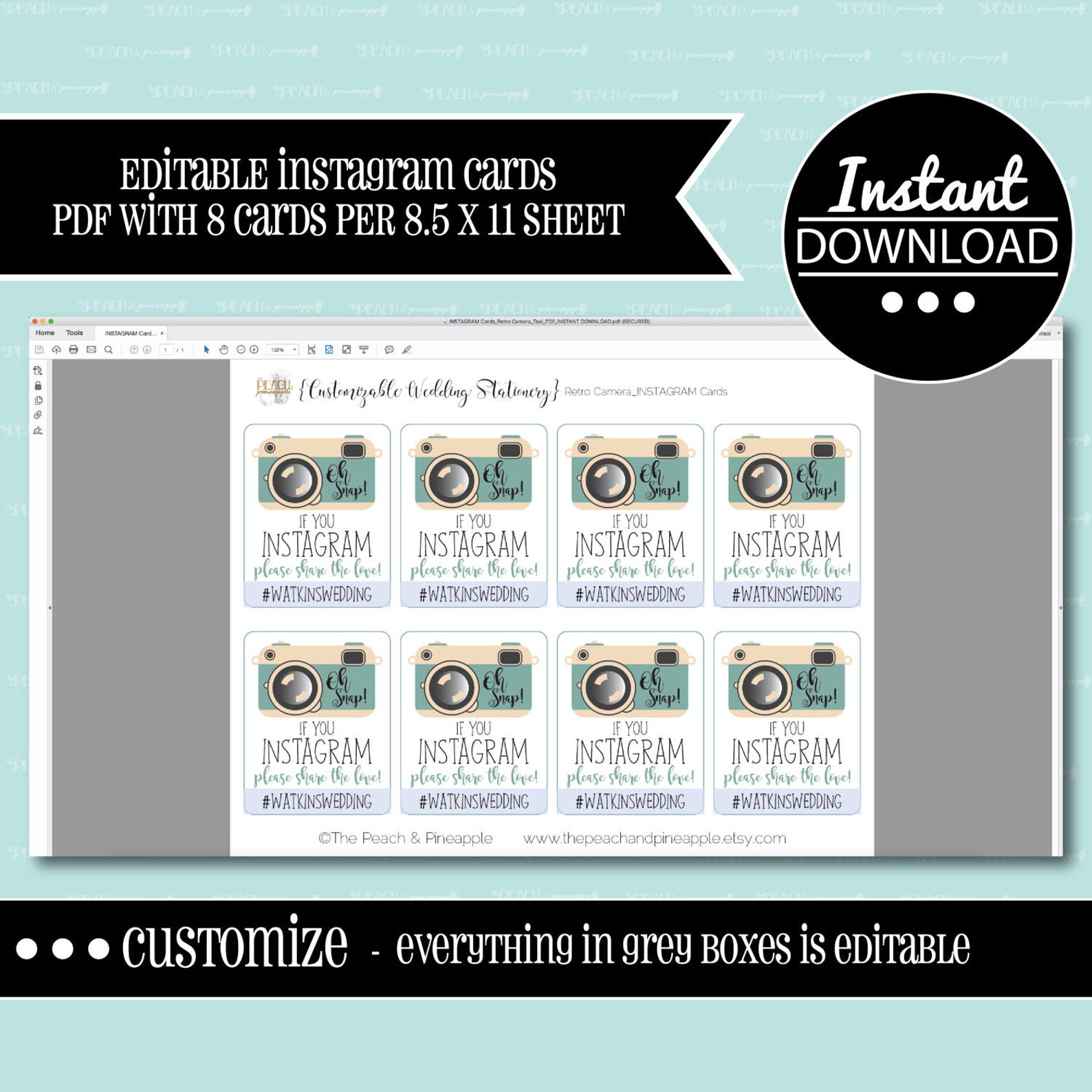 Customizable INSTAGRAM HASHTAG CARDS, Wedding,instant Download,retro ...
