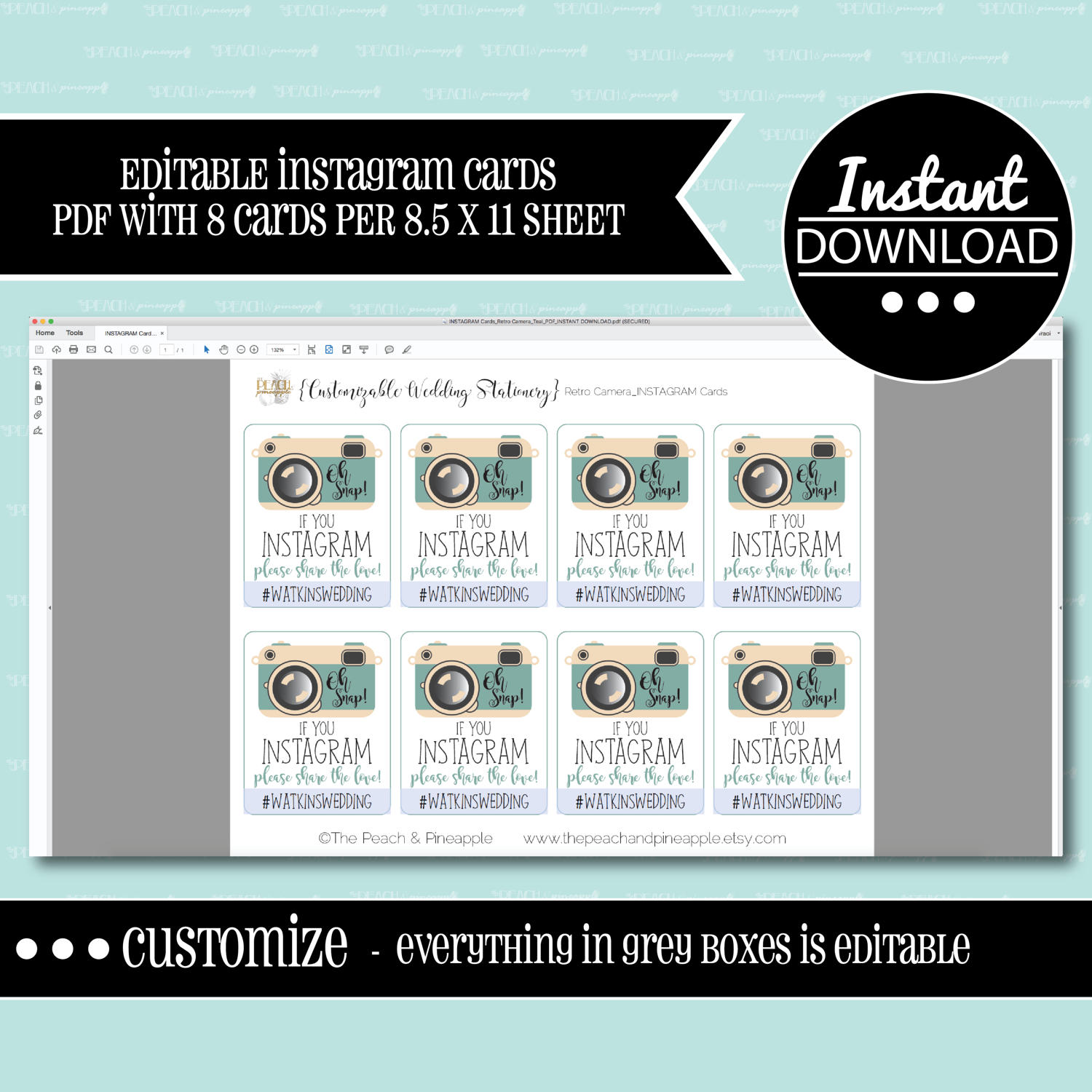 Customizable INSTAGRAM HASHTAG CARDS, Wedding,instant Download,retro ...