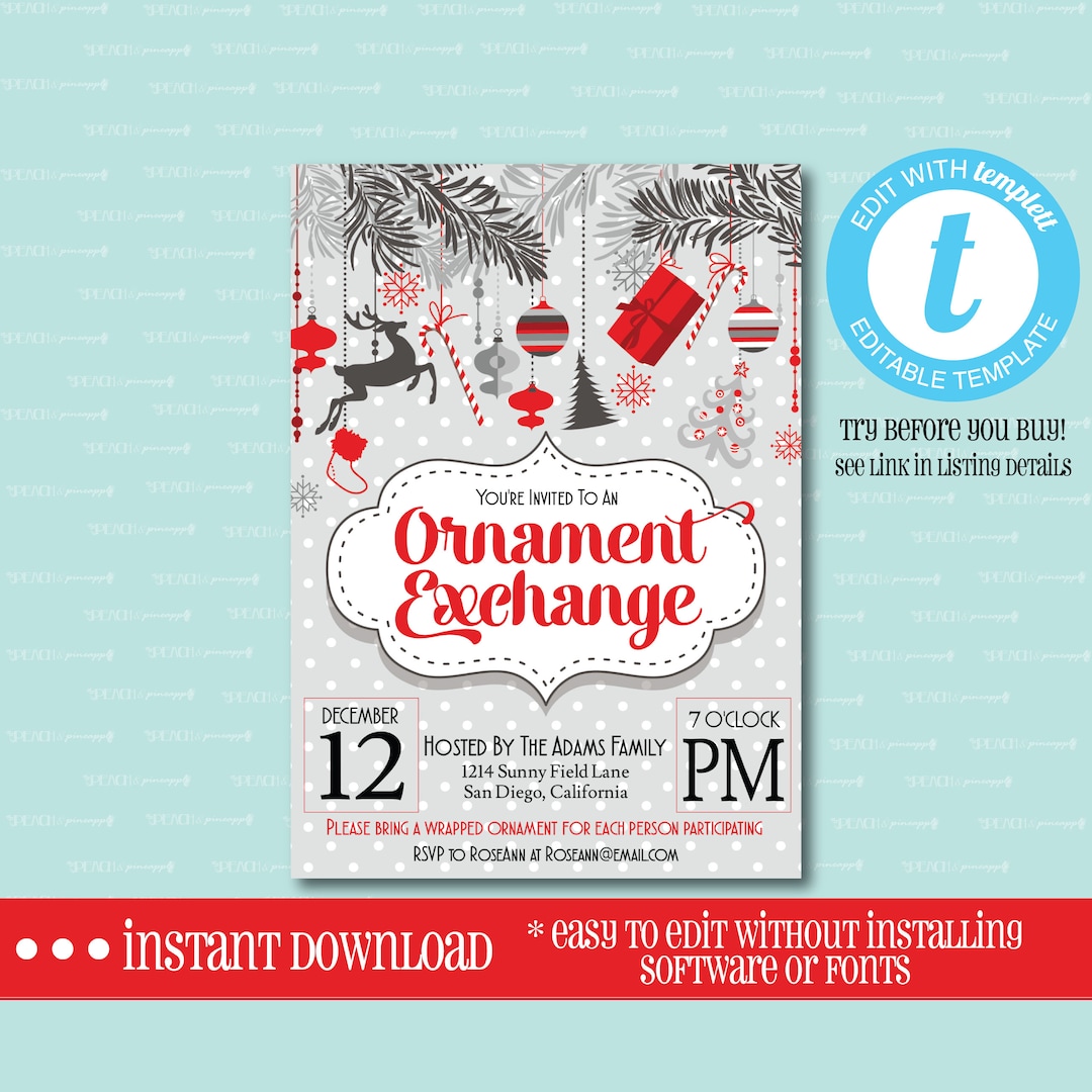 Editable CHRISTMAS PARTY INVITATION, Ornament Exchange, Templett ...