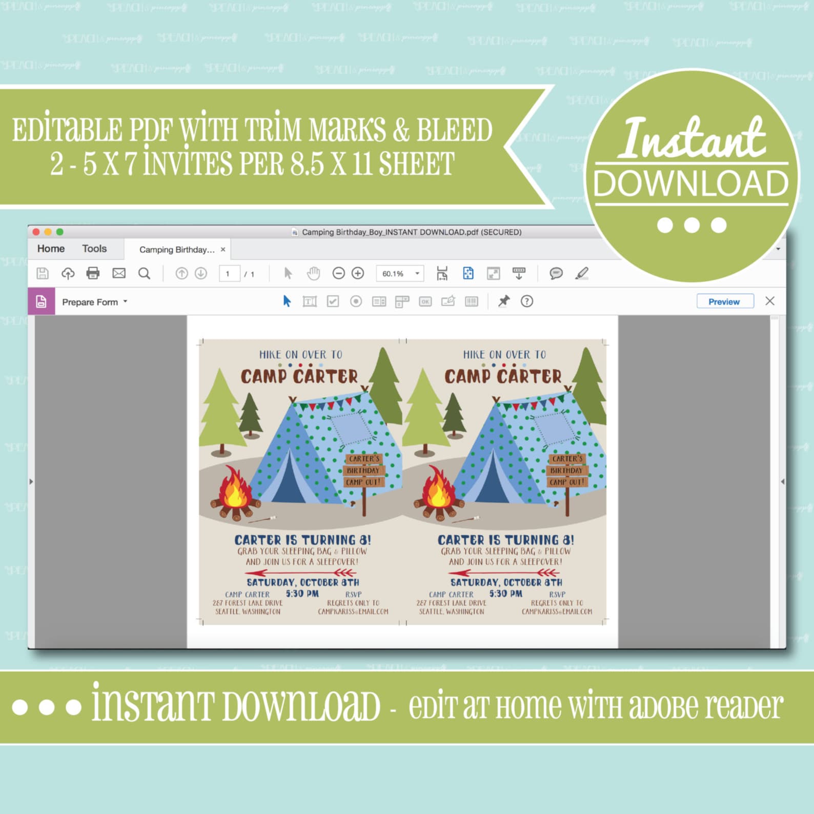 Camping Birthday Party Invitation - EDITABLE - INSTANT DOWNLOAD ...
