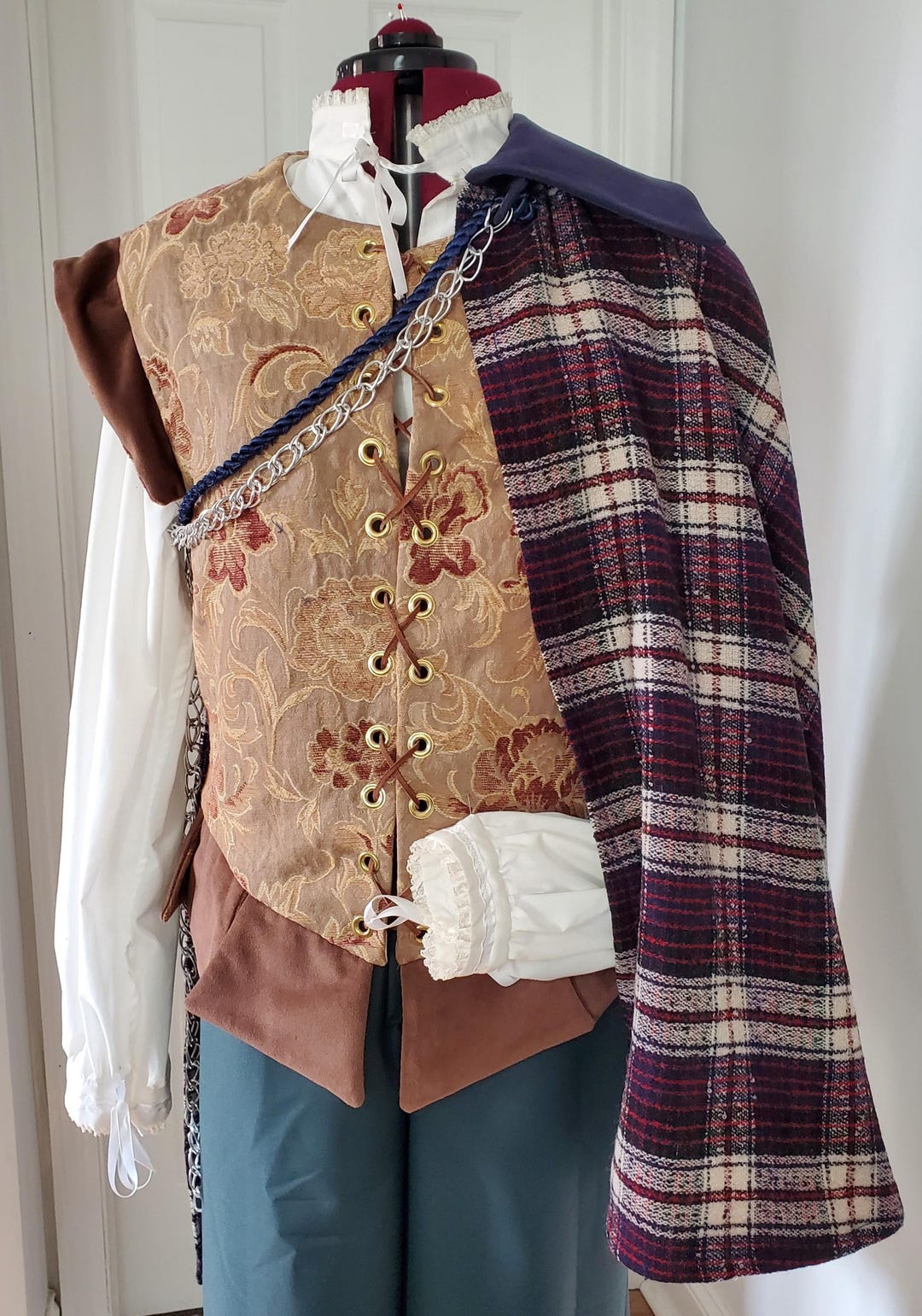 Renaissance Courtier Travel Cloak - Tartan Style Check (blue White Red ...