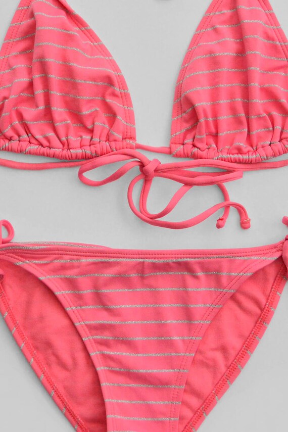 Triangle String Bikini Set - Pink / Silver Stripe - S… - Gem