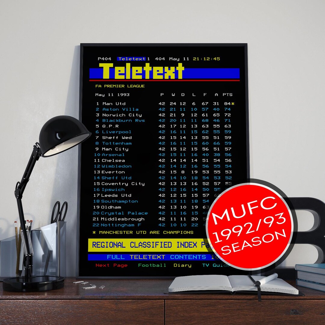 Teletext Man United Retro Poster Print - Ceefax 1992/93 Premier League ...