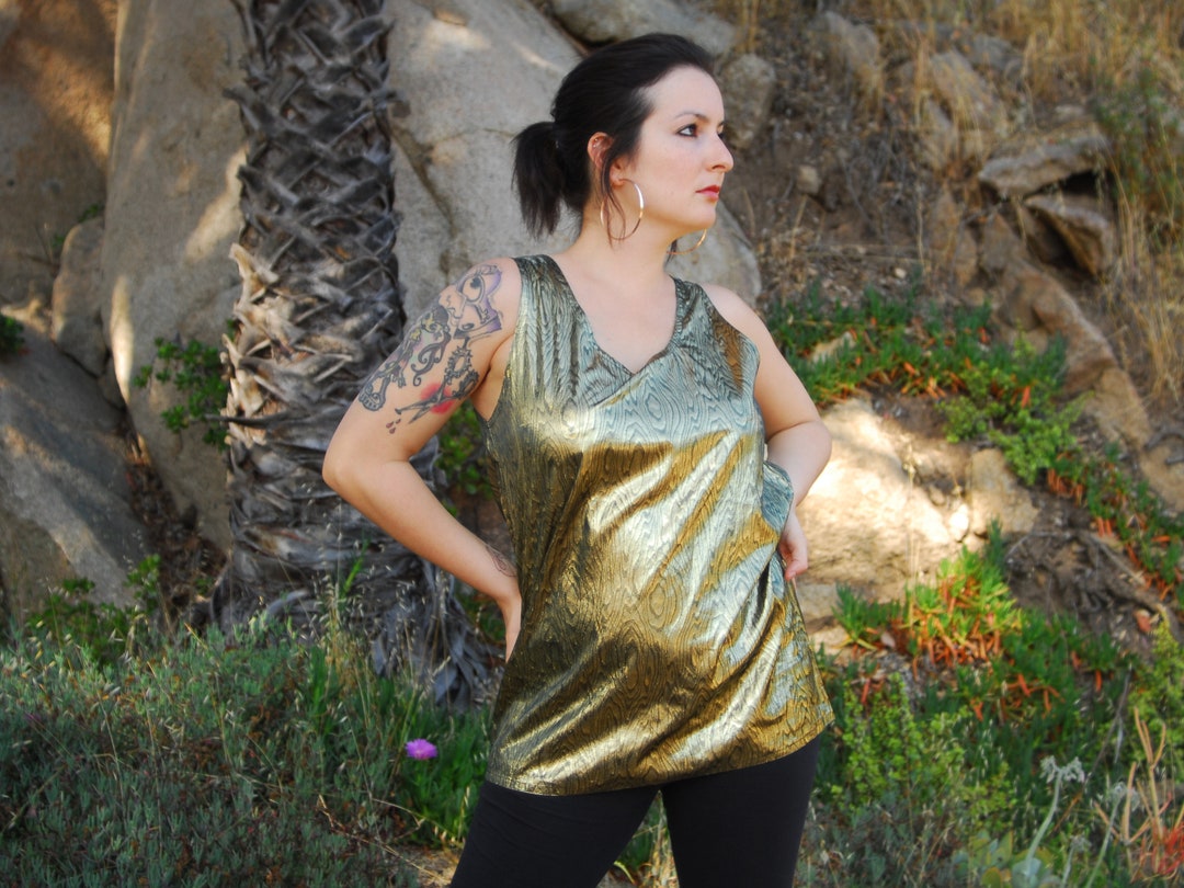 Vintage Gold Lamé Tank Top With Subtle Black Pattern Boho Hippie Loose ...