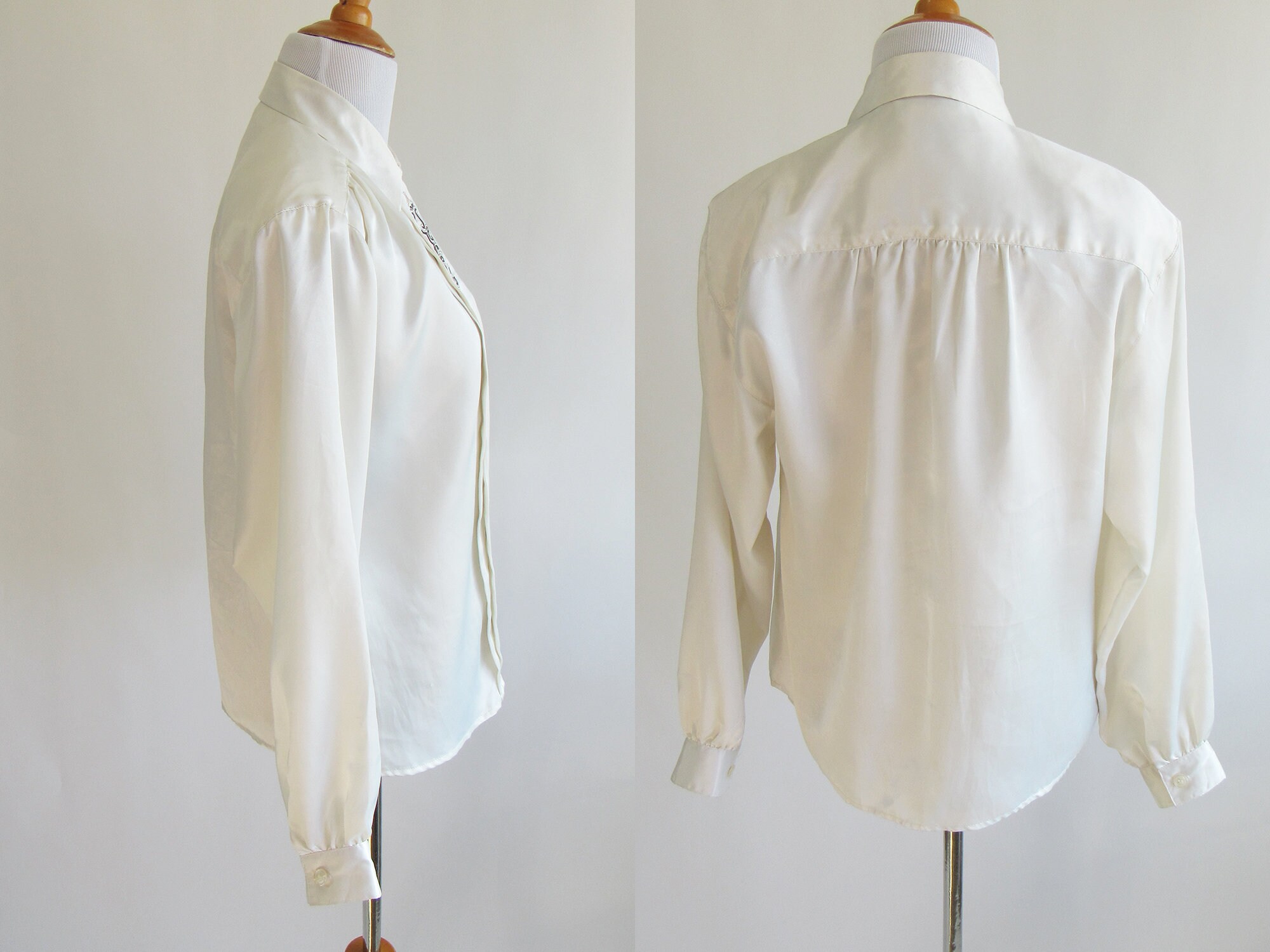 80s Silky Embroidered Cream Pink and Brown Fancy Button Up | Etsy