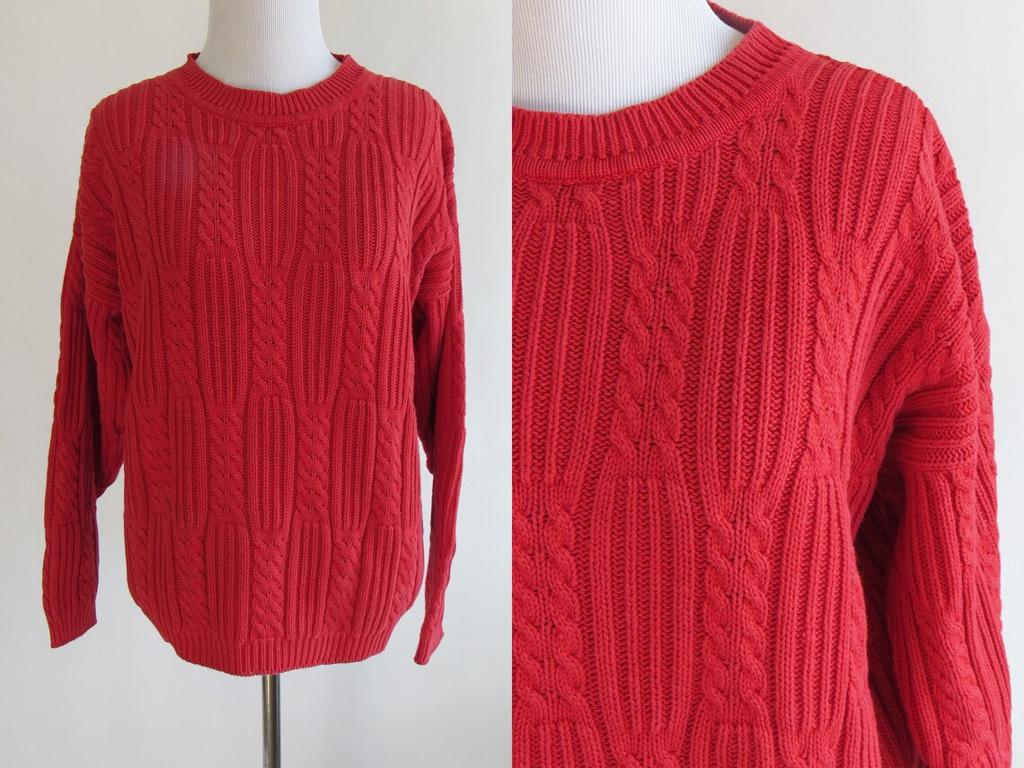 90s Red Cable Knit Sweater Simple Crew Neck Sweater | Etsy