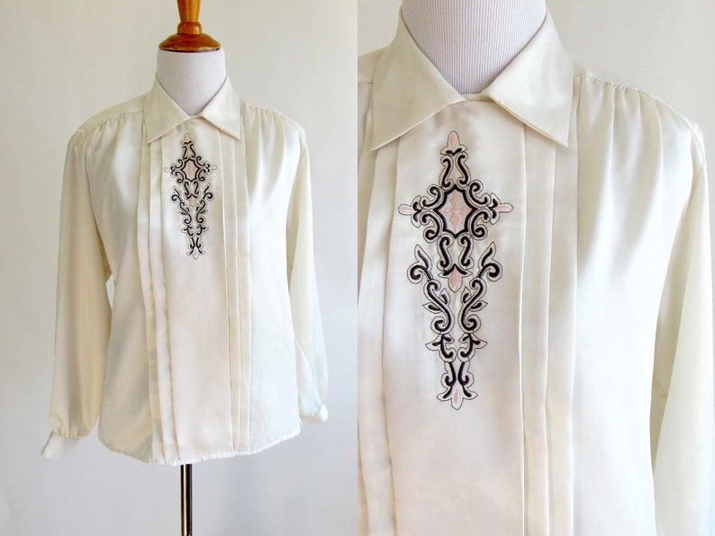 80s Silky Embroidered Cream Pink and Brown Fancy Button Up | Etsy