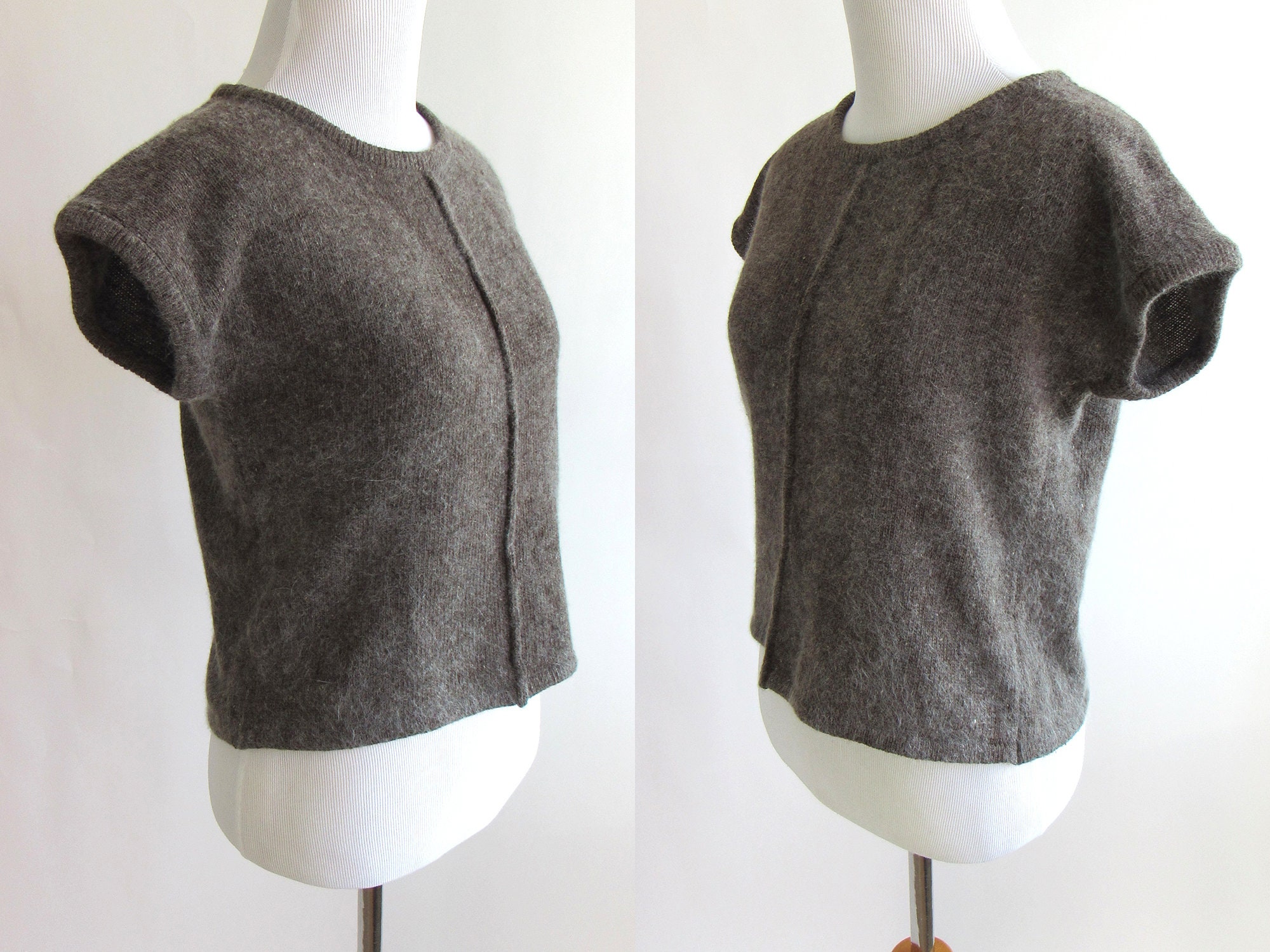 80s Grey Brown Cap Sleeve Sweater Cropped Lambswool Angora | Etsy