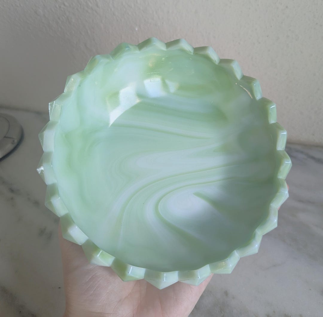 Westmoreland Jadeite Green Slag Glass Sawtooth Diamond Point Trinket ...
