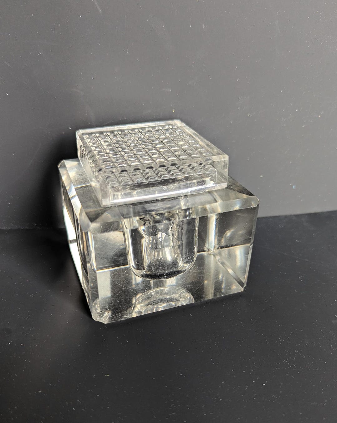 Large Art Deco Pressed Glass Inkwell W Lid, Antique Collectible Square ...