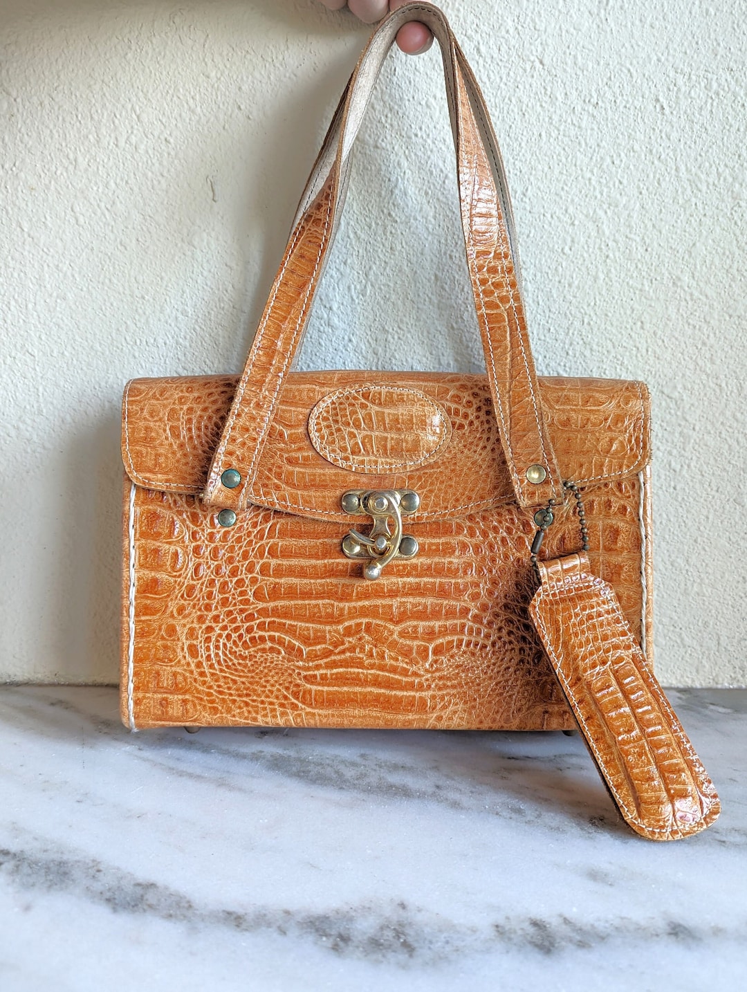 1970s Orange Stamped Leather Purse, Vintage Faux Crocodile Leather ...