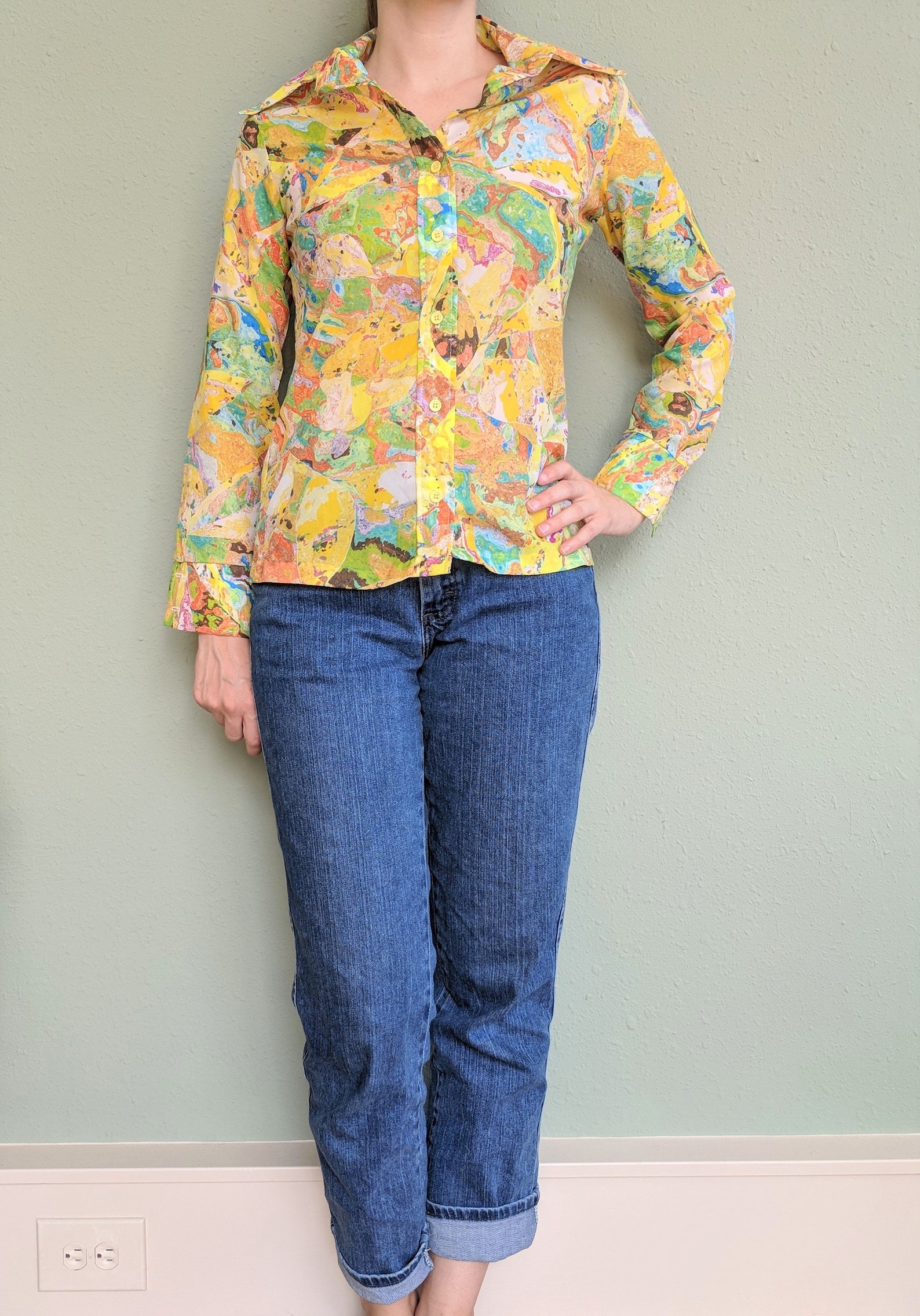 1970s Psychedelic Button up Shirt, Vintage Ladies Long Sleeve Groovy ...