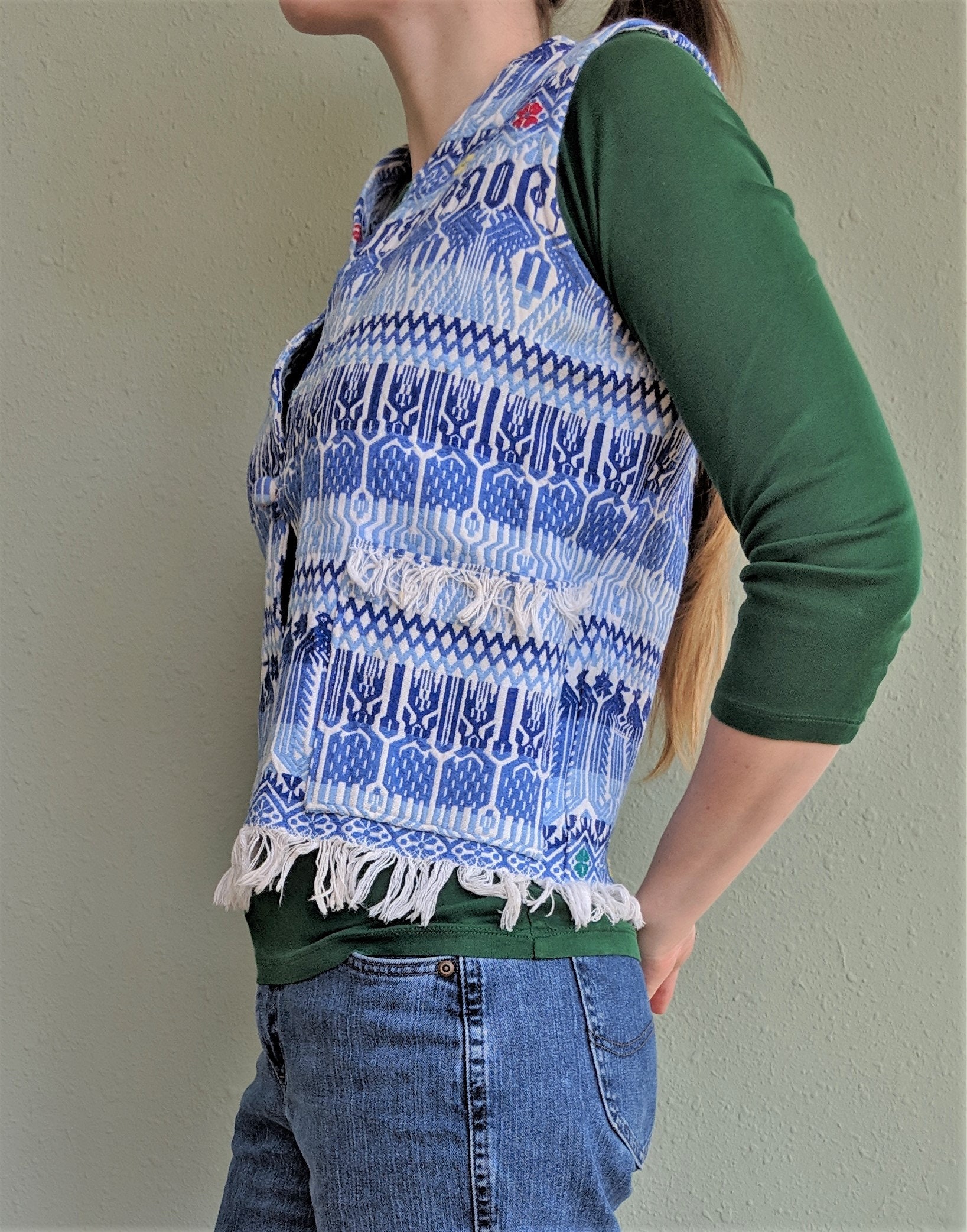 Vintage Handwoven Tribal Vest w Fringe Blue Geometric | Etsy