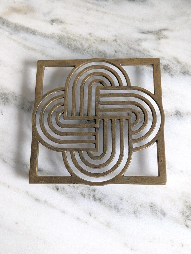 Vintage 1970s Brass Groovy Geometric Trivet, Retro Brass Abstract Pot ...