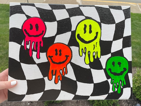 Wavy Checkered Drippy Smiley Faces Canvas Painting - Etsy