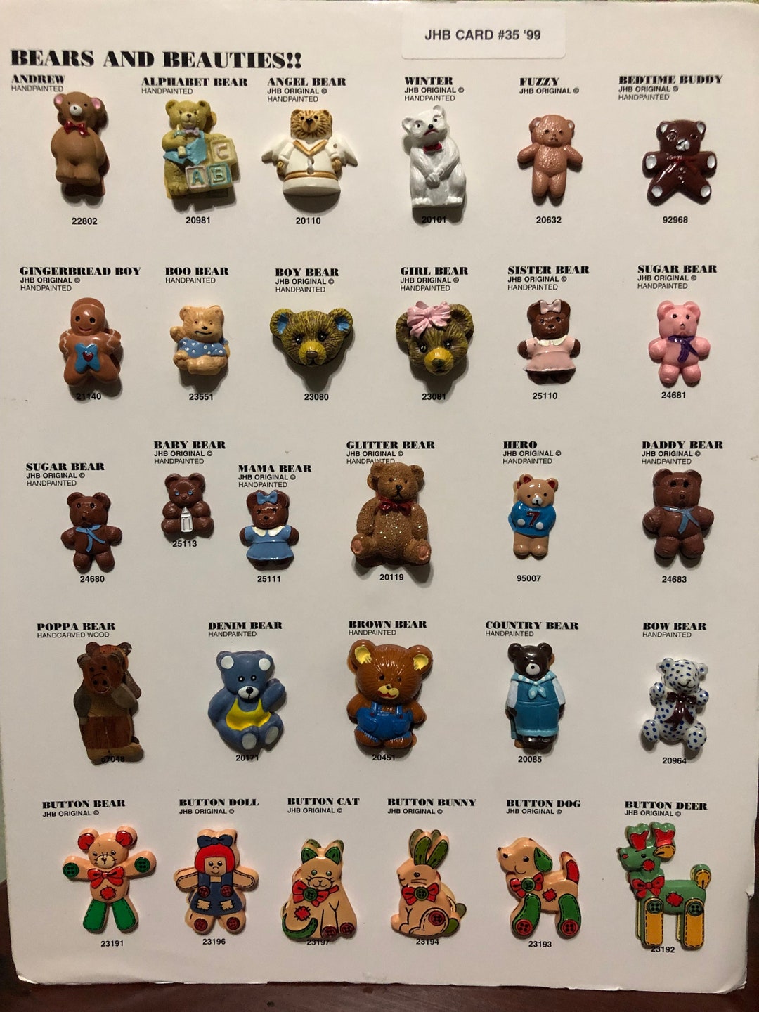 JHB International BEARS and BEAUTIES 1999 Salesman Sample Button Card ...