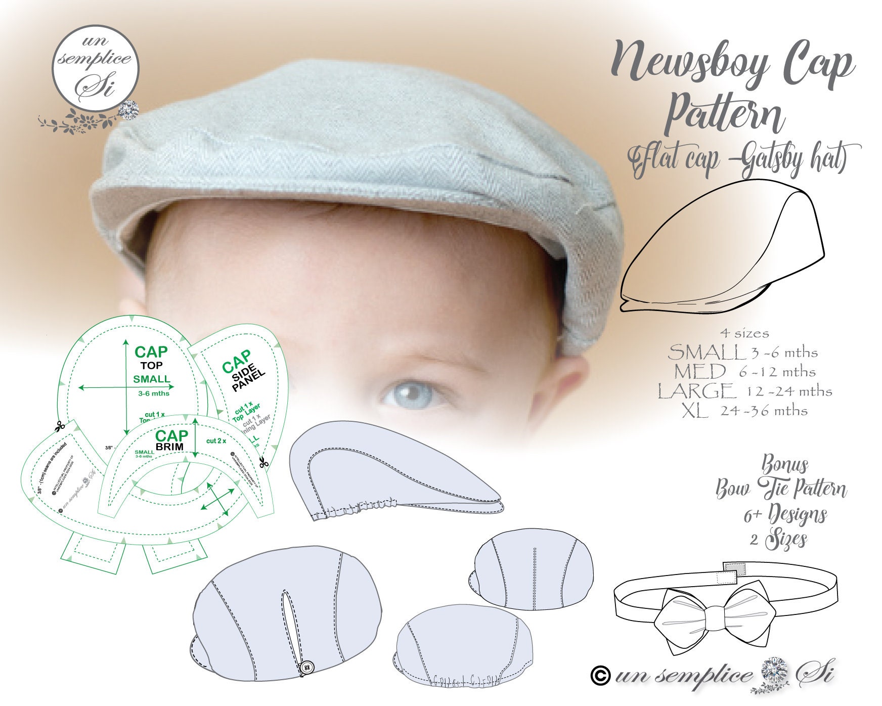 Flat Cap Pattern,baby Newsboy Cap Pattern, Baptism Boys Hat and Bow Tie ...