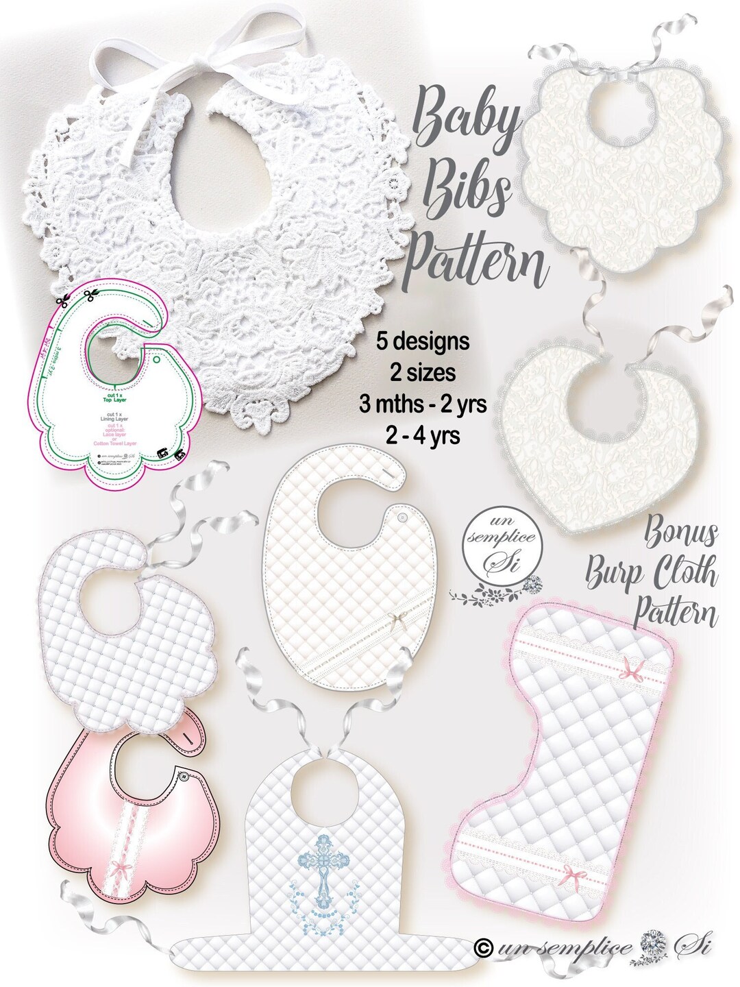 5 Baby Bibs Patterns, Christening Bibs, Baptism Toddler Bib Pattern ...
