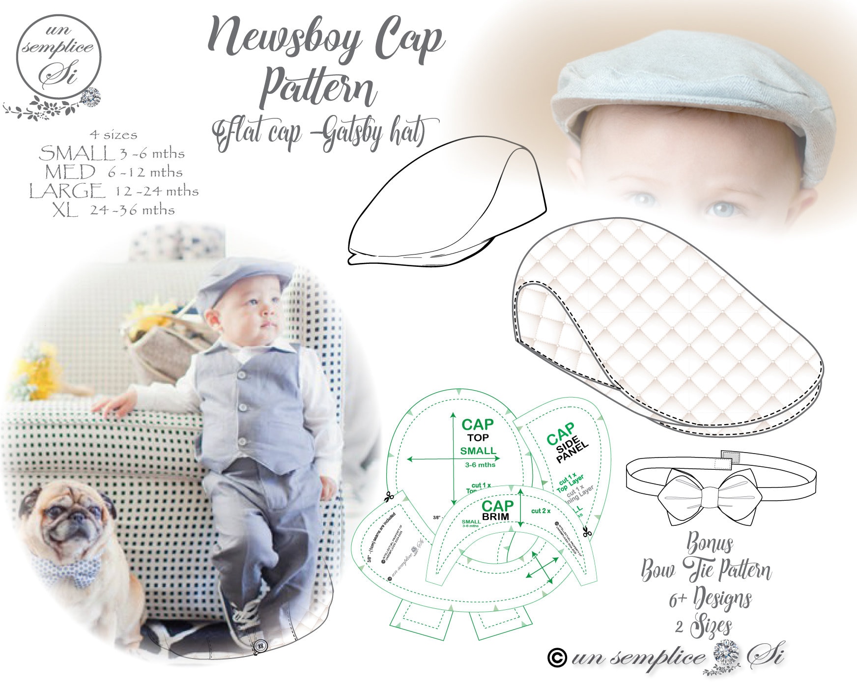 Flat Cap Pattern,baby Newsboy Cap Pattern, Baptism Boys Hat and Bow Tie ...